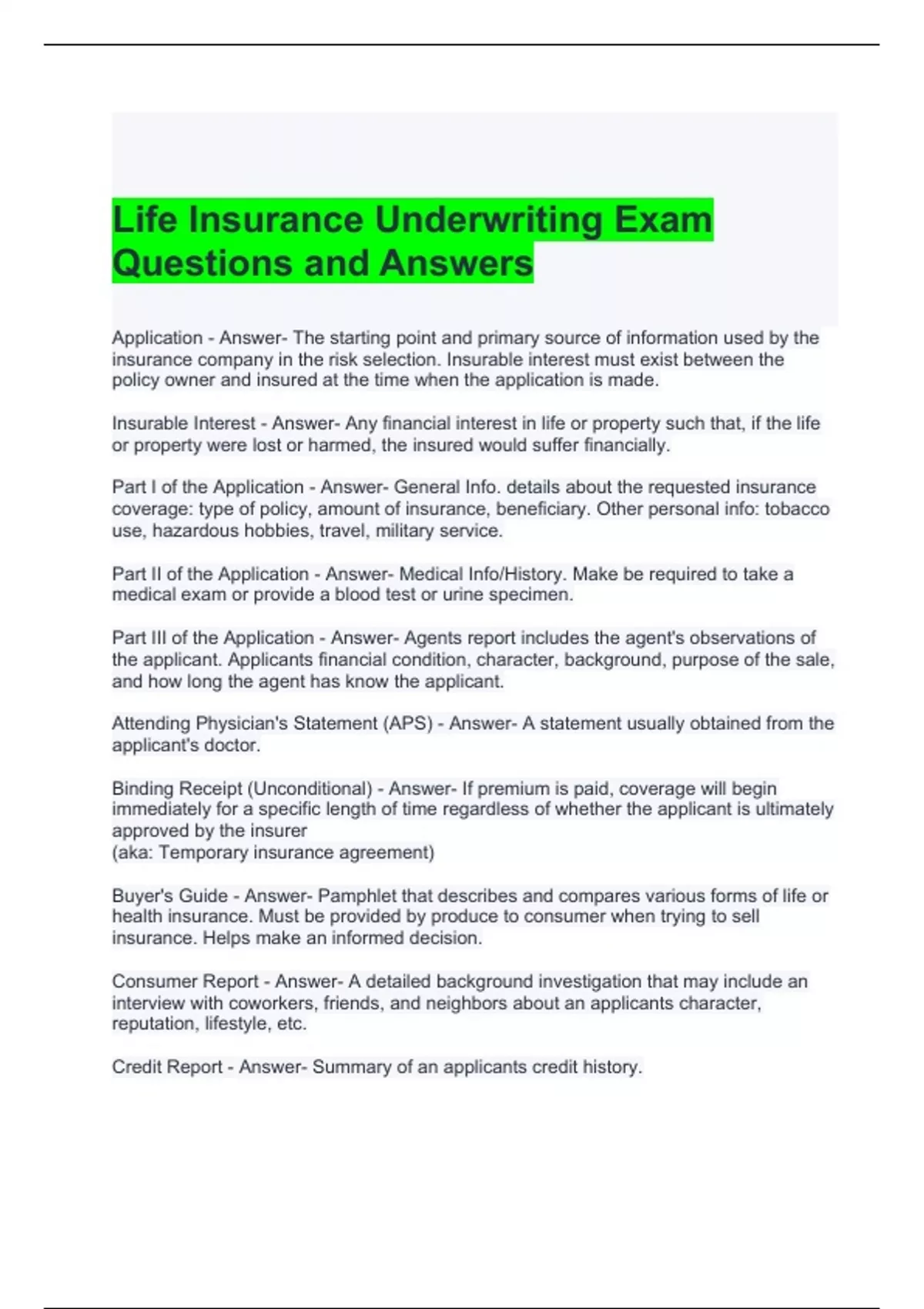 Life Insurance Underwriting Exam Questions and Answers - Life Insurance ...