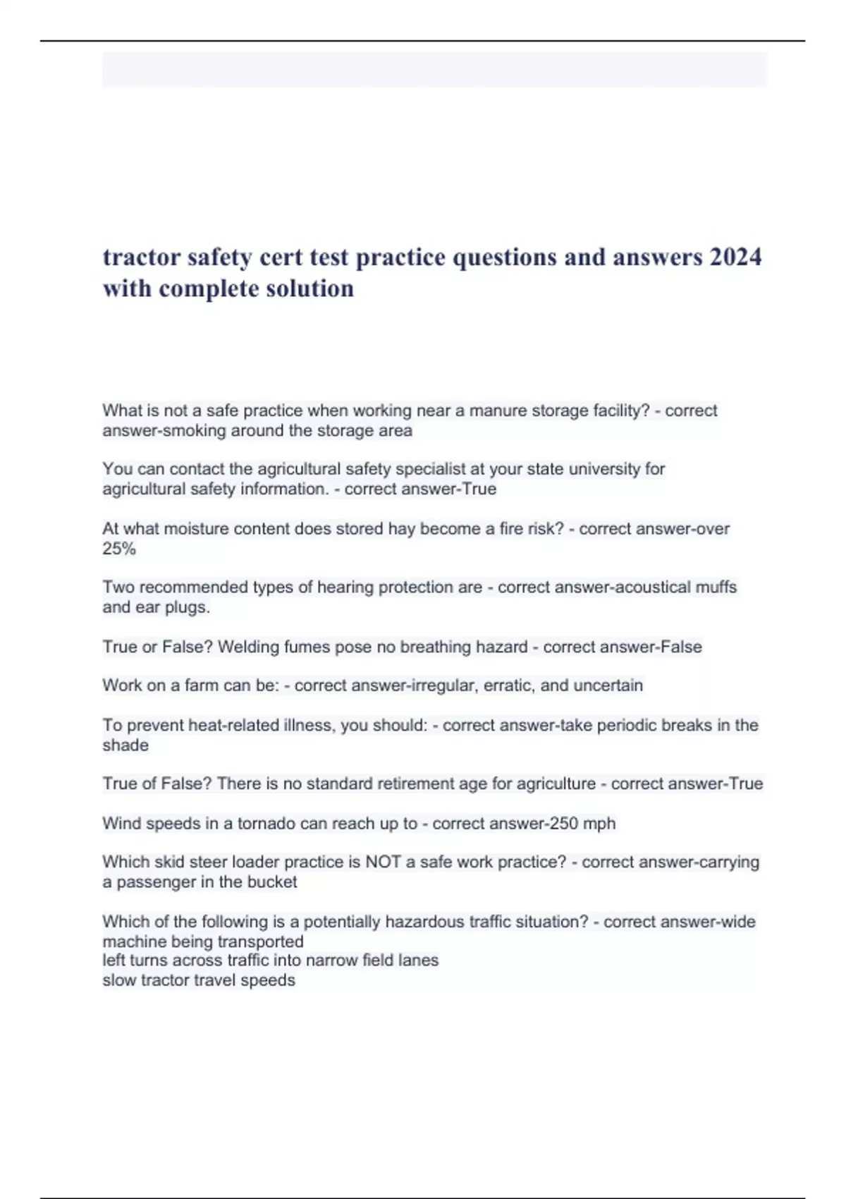 Tractor Safety Cert Test Practice Questions And Answers 2024 With Complete Solution Tractor
