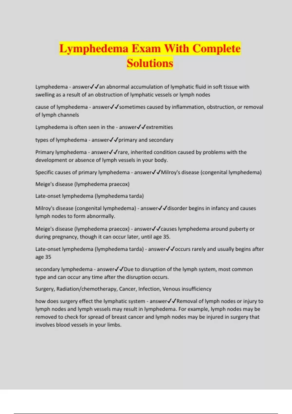 Lymphedema Exam With Complete Solutions - LYMPHEDEMA - Stuvia US