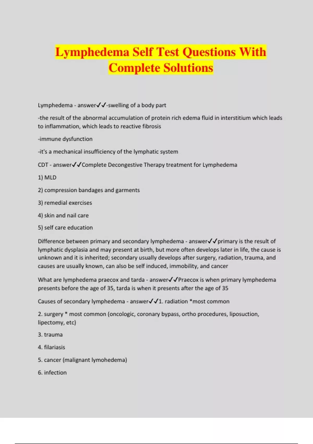 Lymphedema Self Test Questions With Complete Solutions - LYMPHEDEMA ...