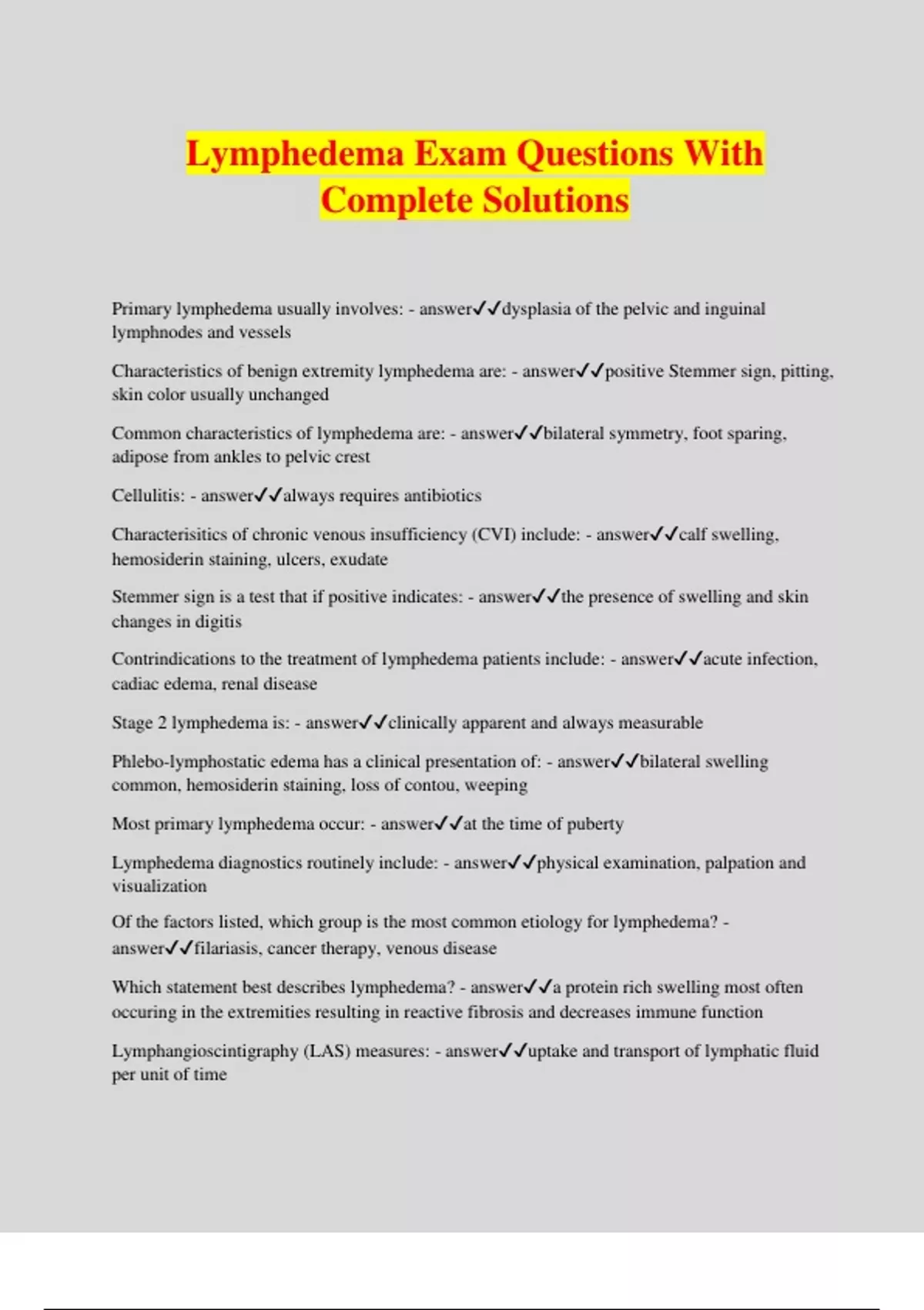 Lymphedema Exam Questions With Complete Solutions - LYMPHEDEMA - Stuvia US
