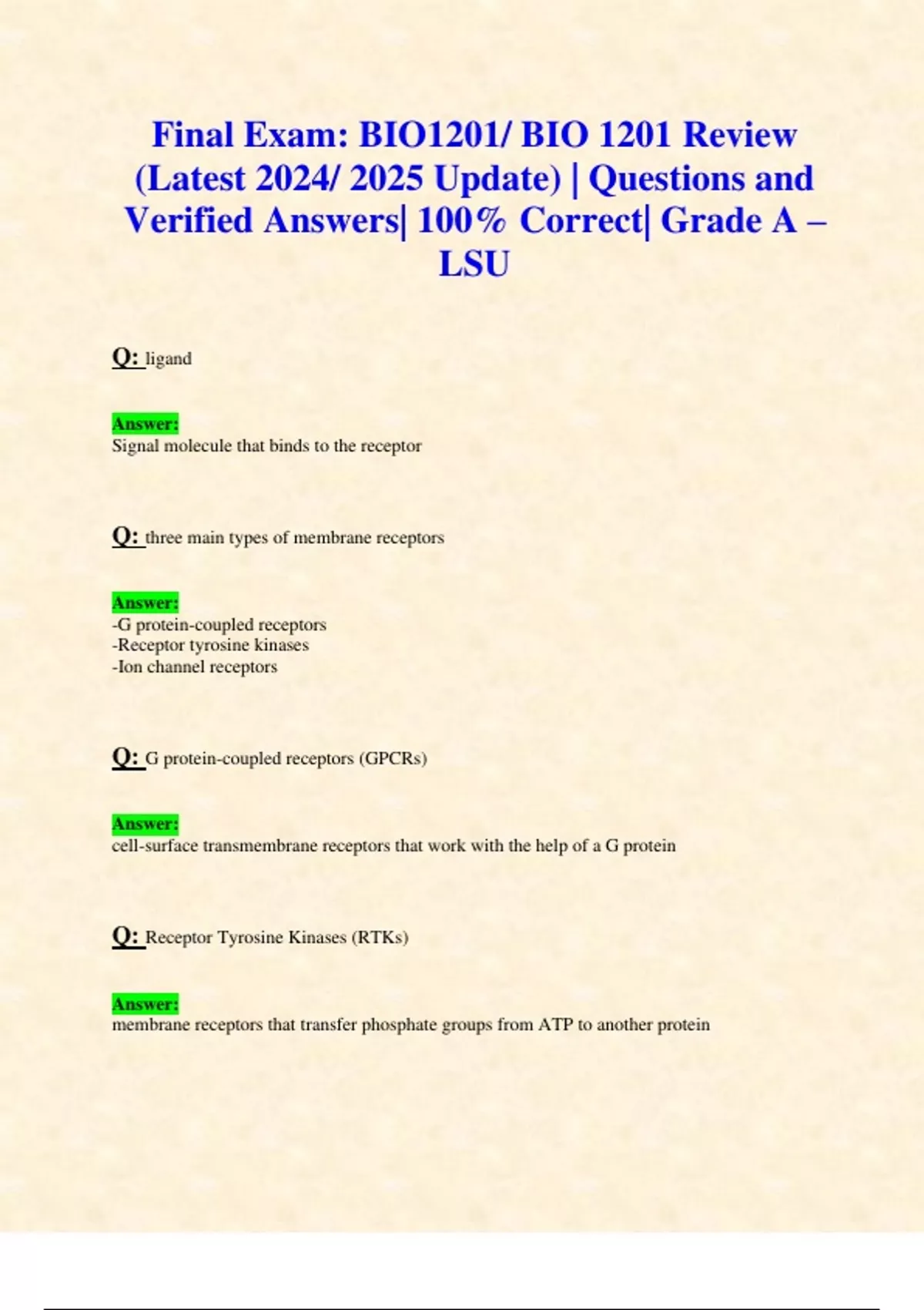 Final Exam: BIO1201/ BIO 1201 Review (Latest 2024/ 2025 Update ...