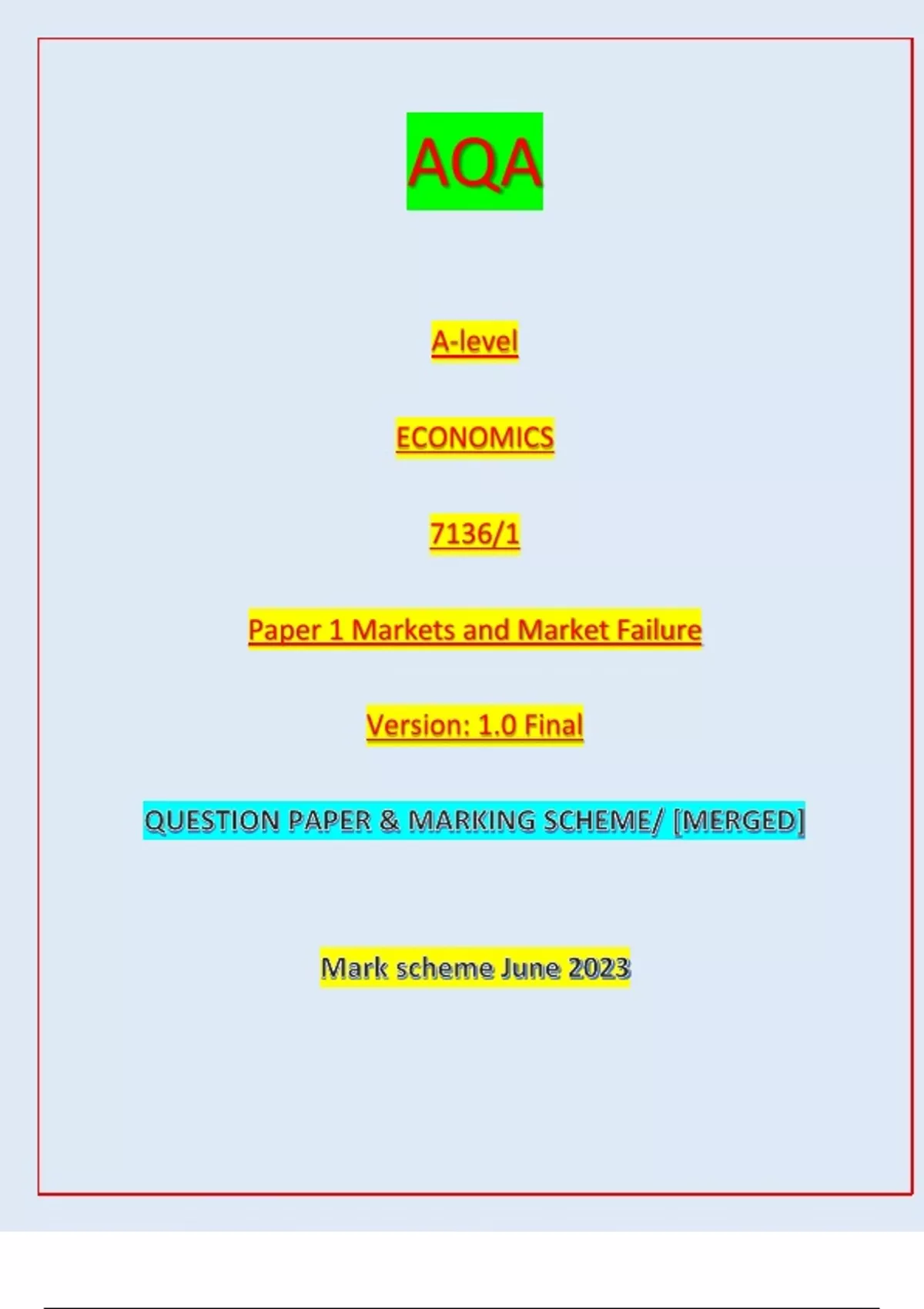 AQA A-level ECONOMICS 7136/1 Paper 1 Markets and Market Failure Versio ...