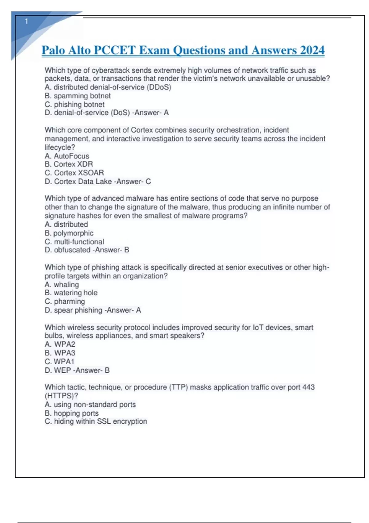 Palo Alto PCCET Exam Questions and Answers 2024 - Palo Alto PCCET ...