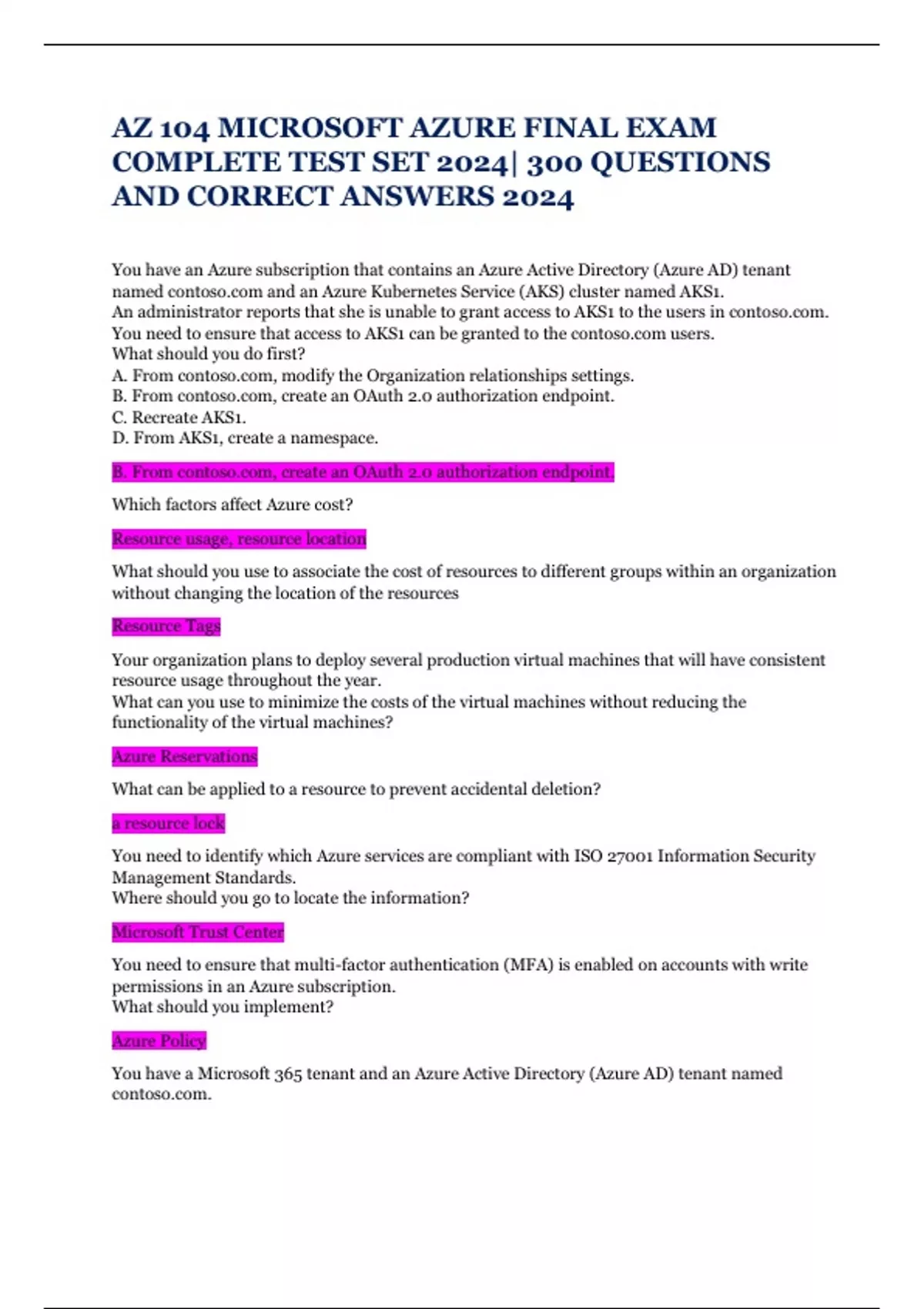 AZ 104 MICROSOFT AZURE FINAL EXAM COMPLETE TEST SET 2024| 300 QUESTIONS ...