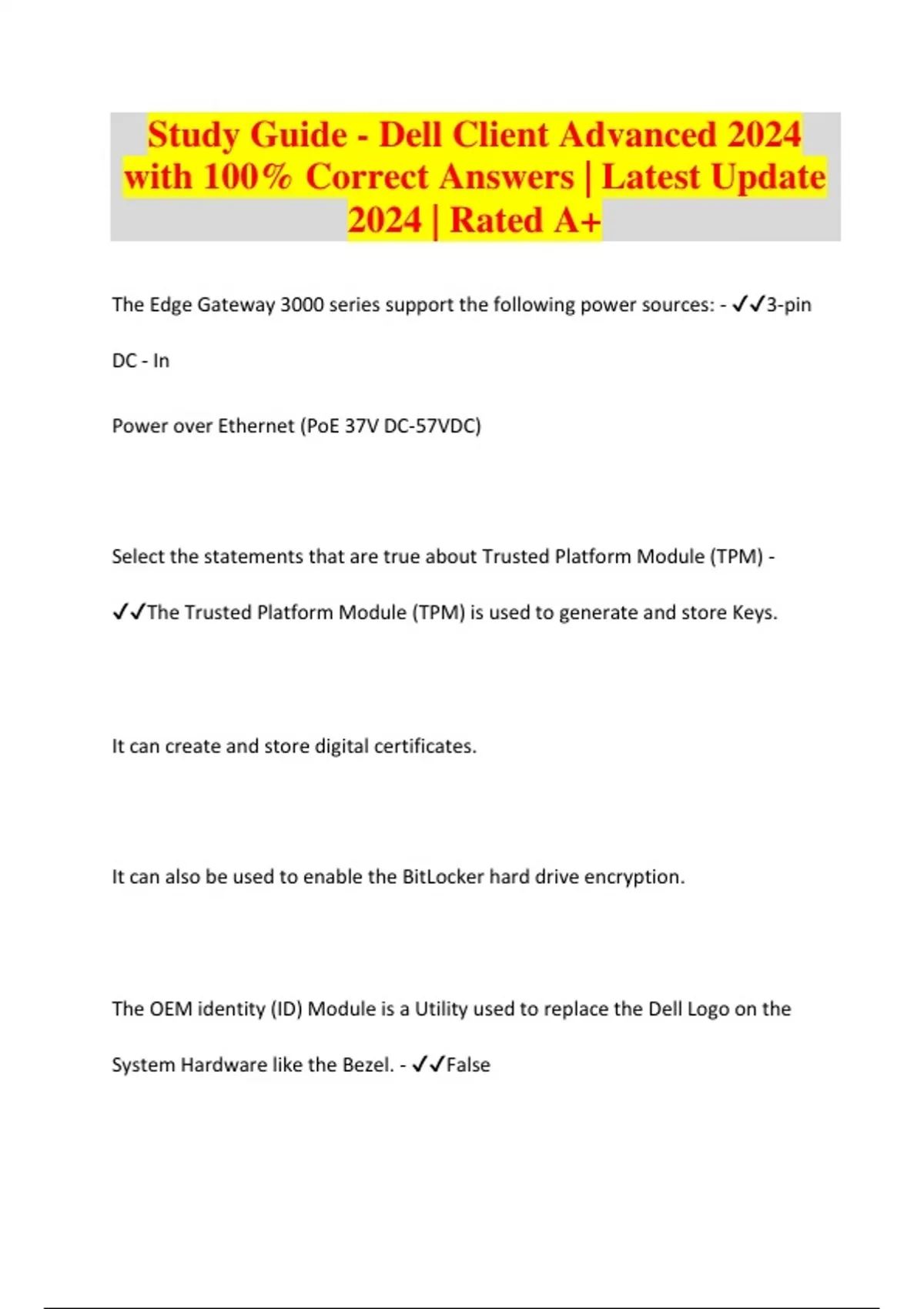 Study Guide - Dell Client Advanced 2024 with 100% Correct Answers ...