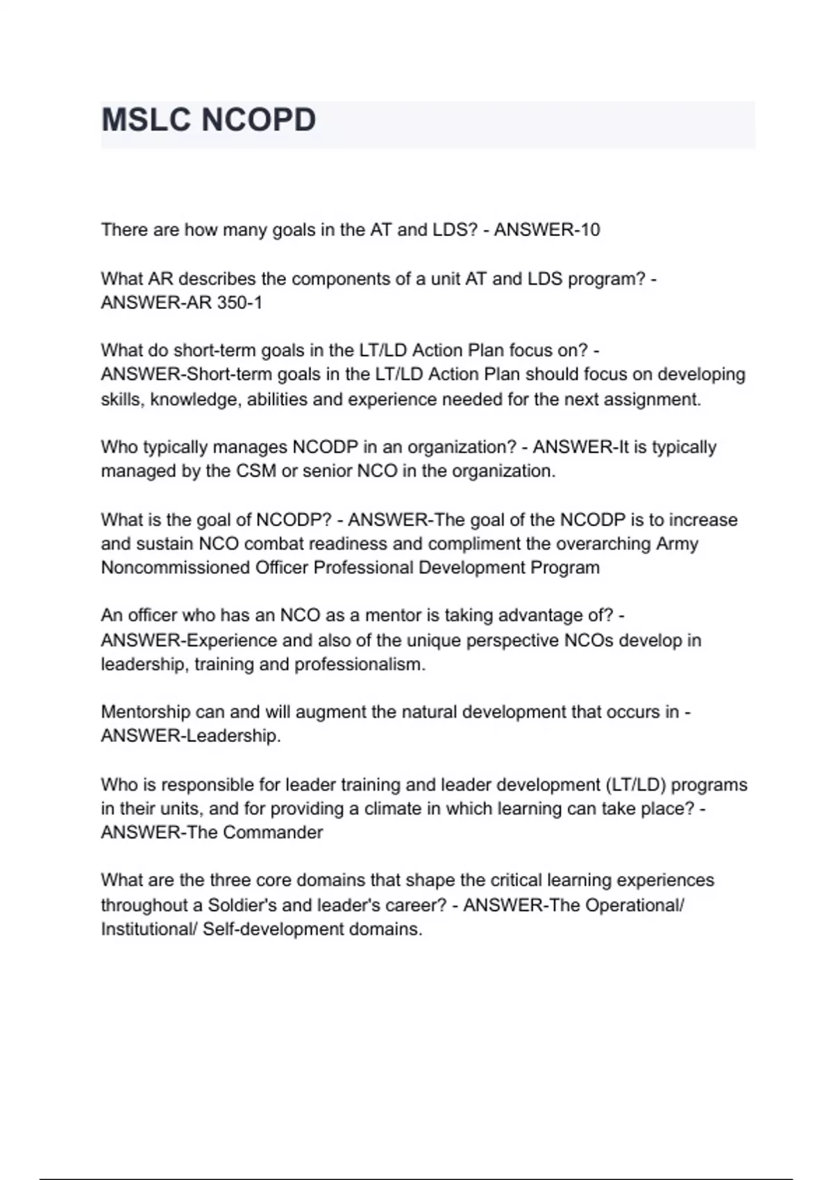 MSLC NCOPD QUESTIONS WITH CORRECT ANSWERS 2024 - MSLC NCOPD Th - Stuvia US