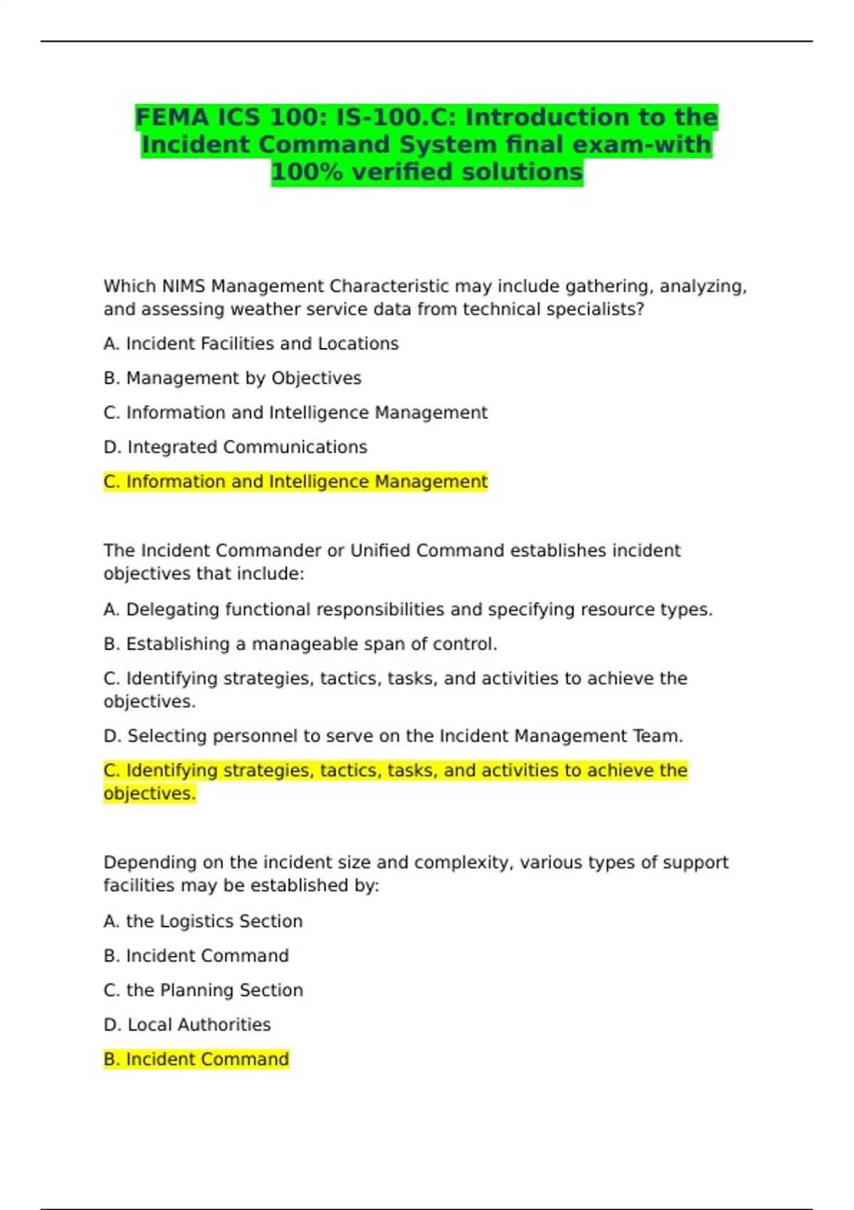 FEMA ICS 100 IS 100 C Introduction To The Incident Command System