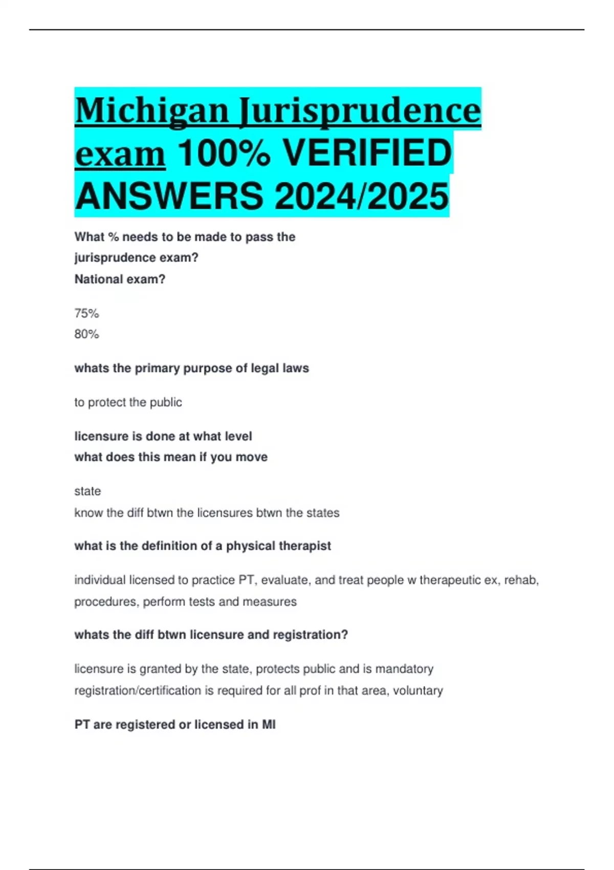 BEST ANSWERS Michigan Jurisprudence exam 100% VERIFIED ANSWERS 2024/ ...