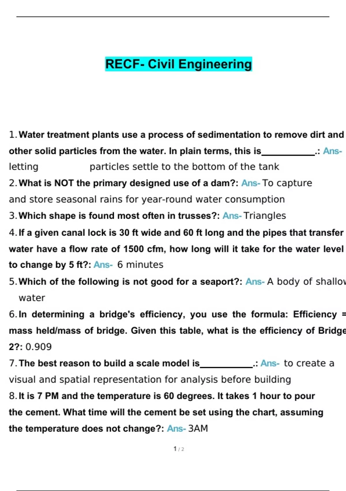 RECF - Civil Engineering | 100% Correct Answers | Verified | Latest ...