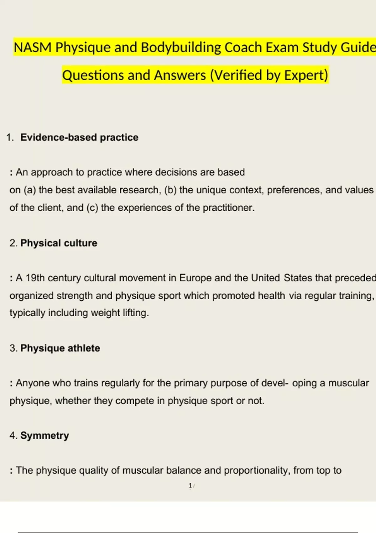 NASM Physique and Bodybuilding Coach Exam Study Guide Questions and ...