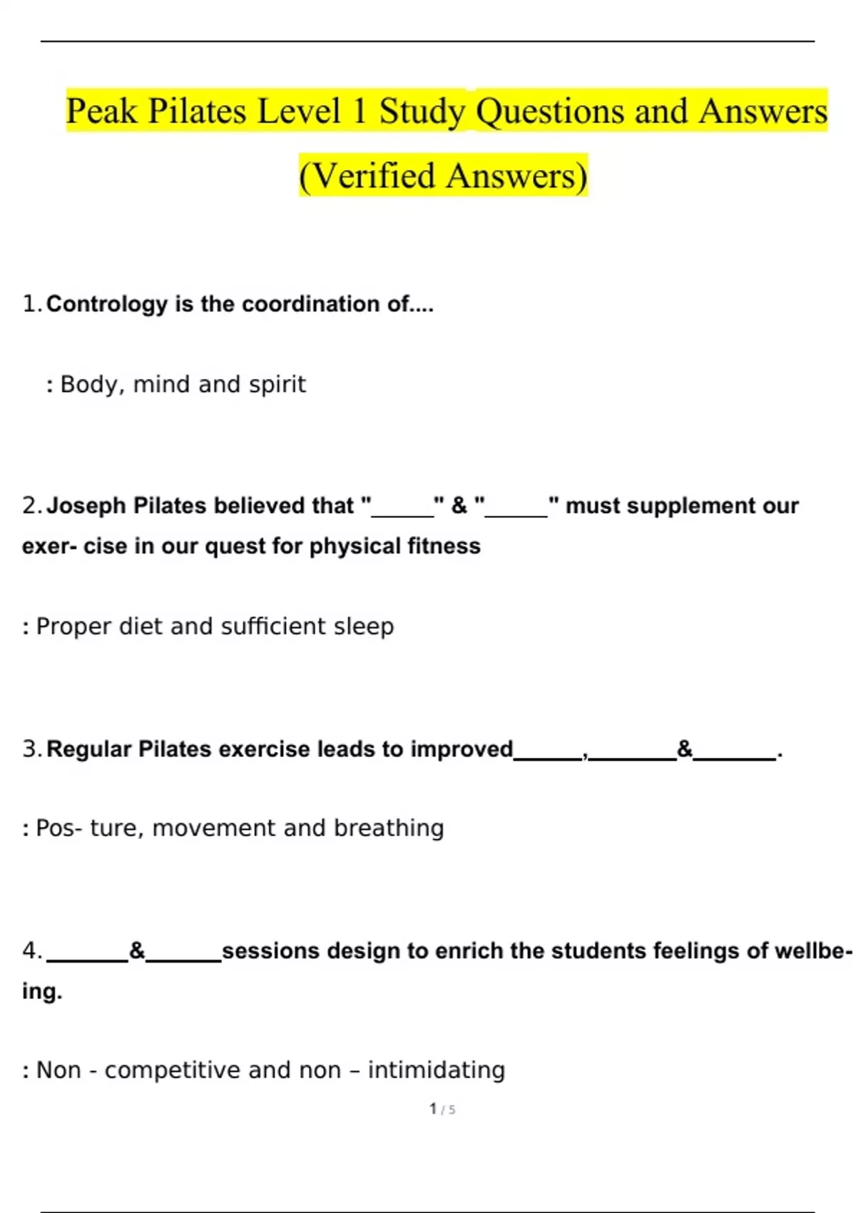 Peak Pilates Level 1 Exam Study Questions and Answers (2024 / 2025 ...