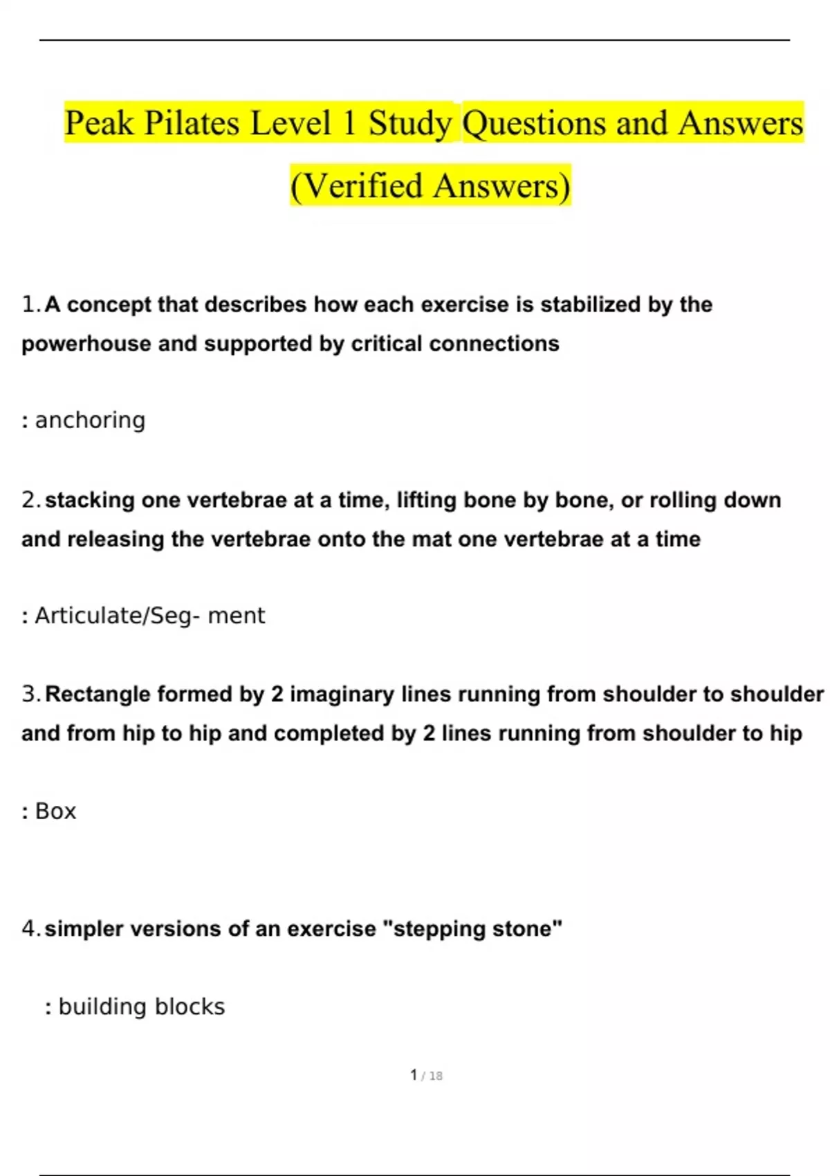 Peak Pilates Level 1 Exam Study Guide Questions and Answers (2024 / ...