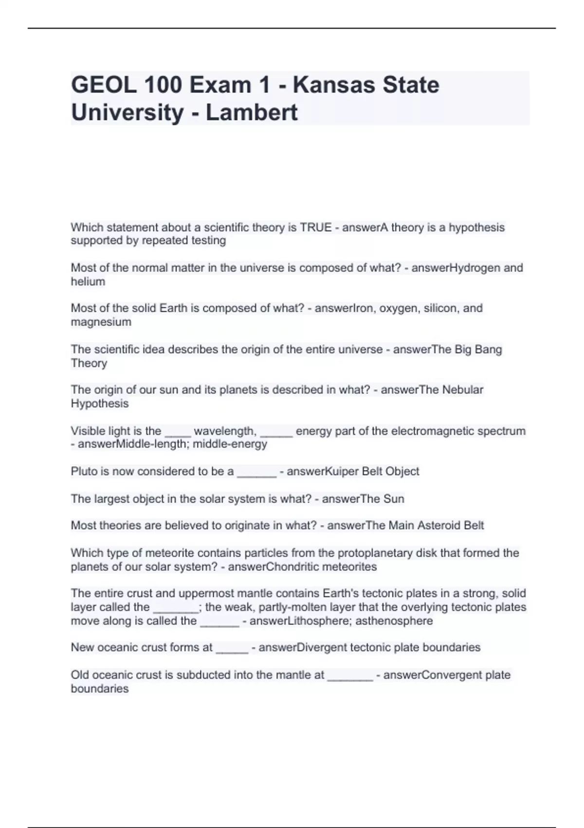 GEOL 100 Exam 1 - Kansas State University - Lambert Questions with ...