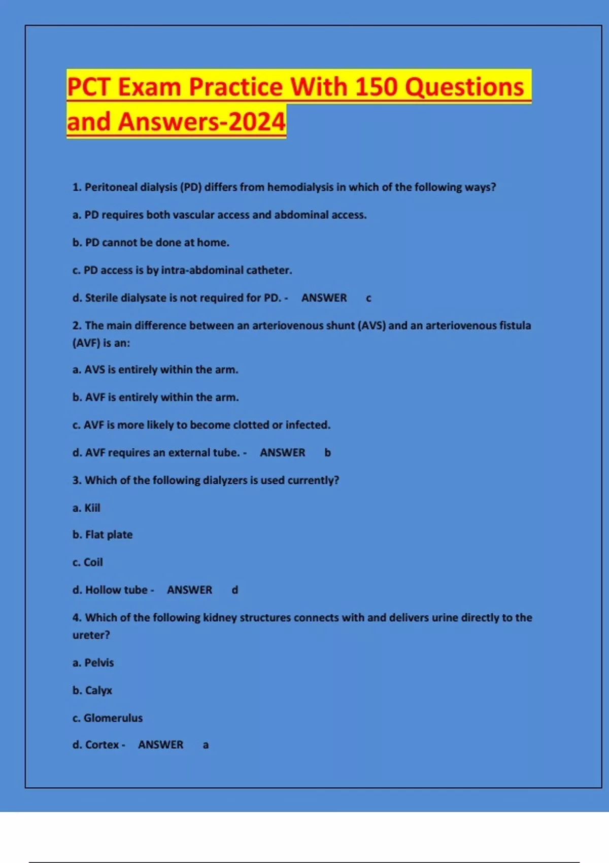 PCT Exam Practice With 150 Questions and Answers-2024.pdf - Pct dialysis - Stuvia US
