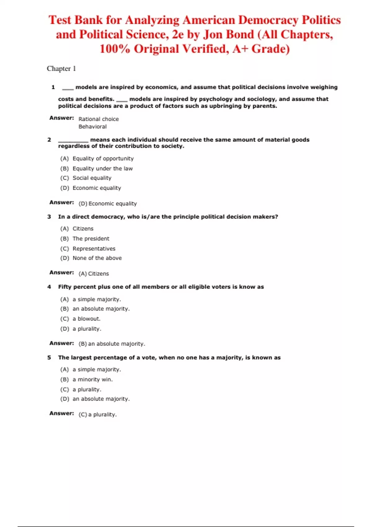 Test Bank For Analyzing American Democracy Politics and Political ...