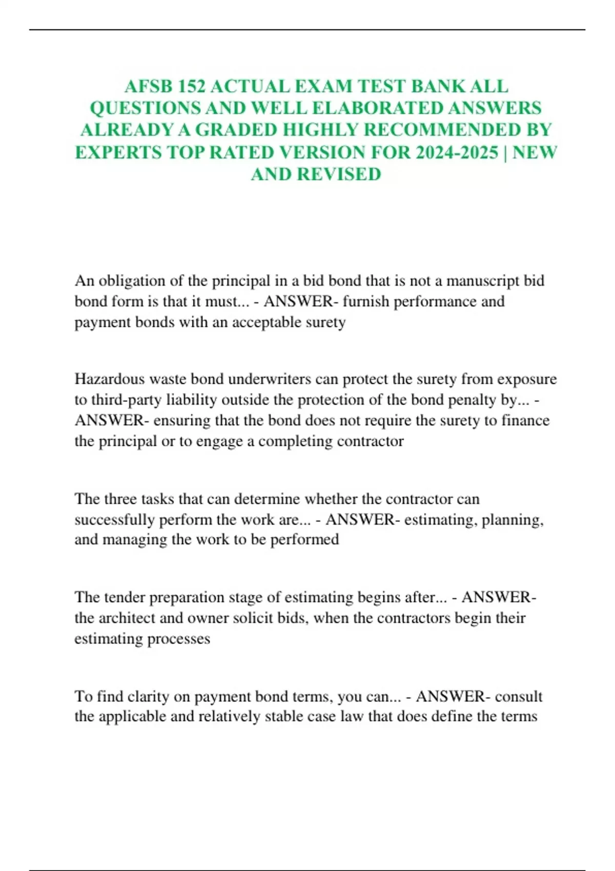 AFSB 152 ACTUAL EXAM TEST BANK ALL QUESTIONS AND WELL ELABORATED ...
