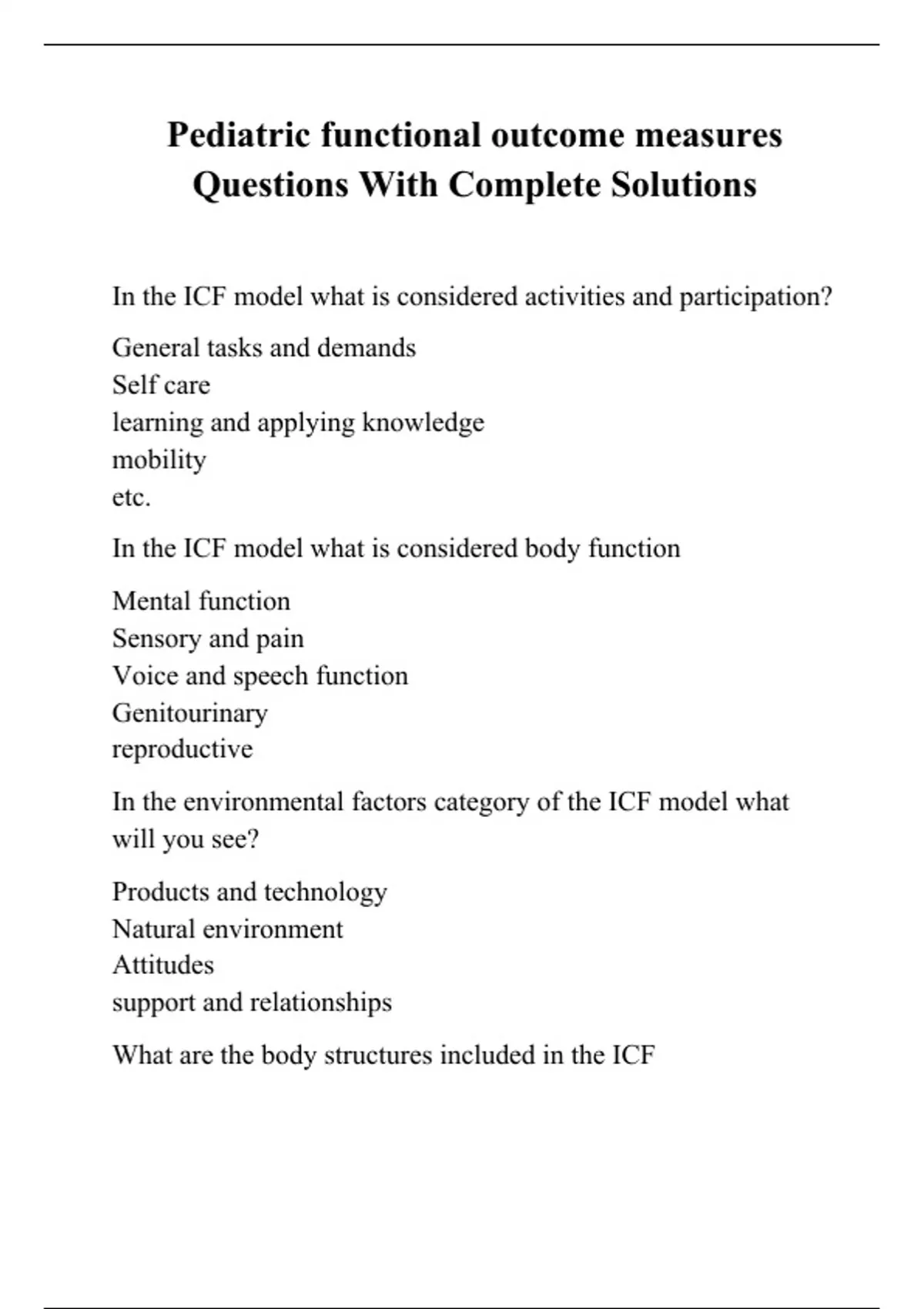 Pediatric functional outcome measures Questions With Complete Solutions ...