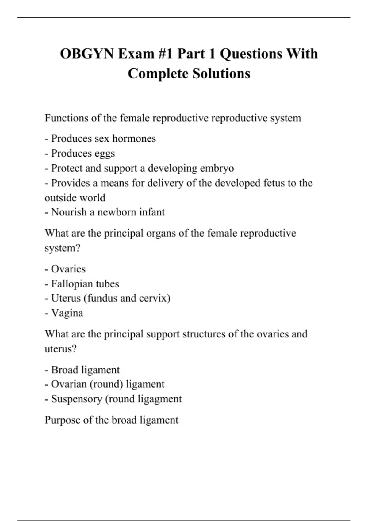 OBGYN Exam #1 Part 1 Questions With Complete Solutions - OBGYN - Stuvia US