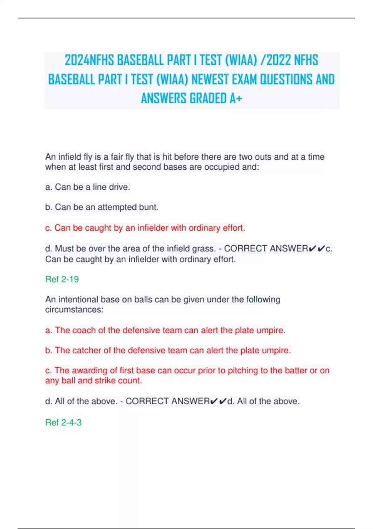 2024NFHS BASEBALL PART I TEST (WIAA) /2022 NFHS BASEBALL PART I TEST ...