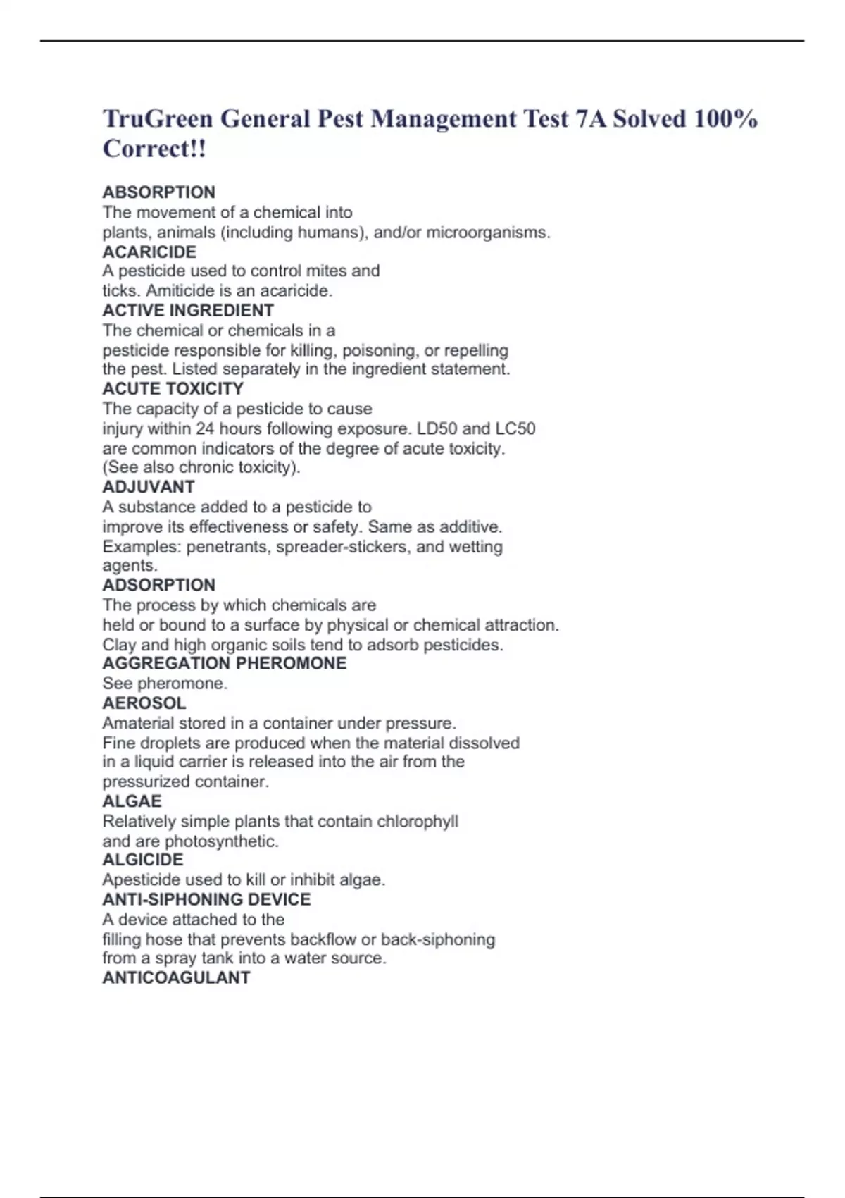 TruGreen General Pest Management Test 7A Solved 100% Correct ...