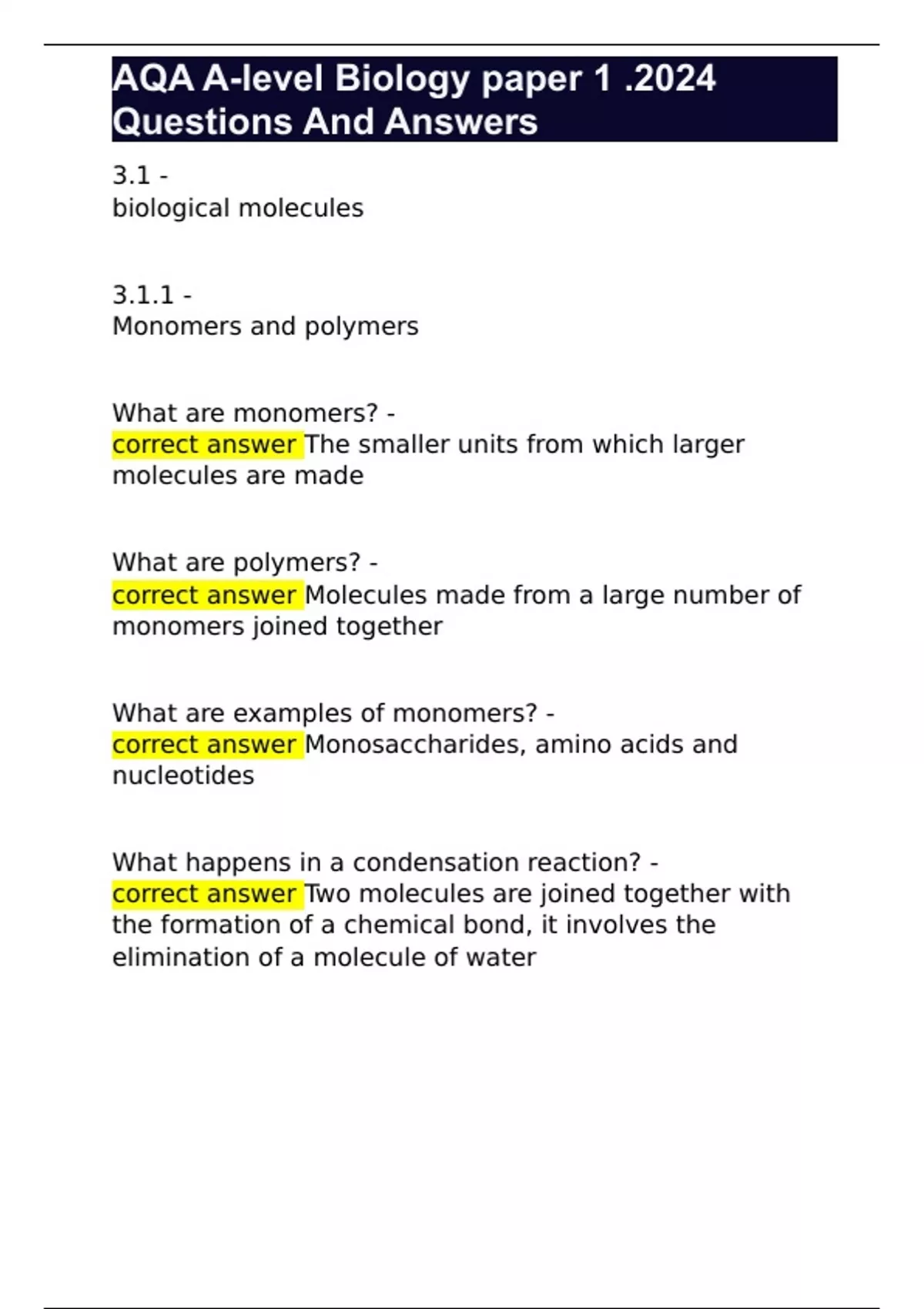 AQA A-level Biology paper 1 .2024 Questions And Answers - AQA A-level ...