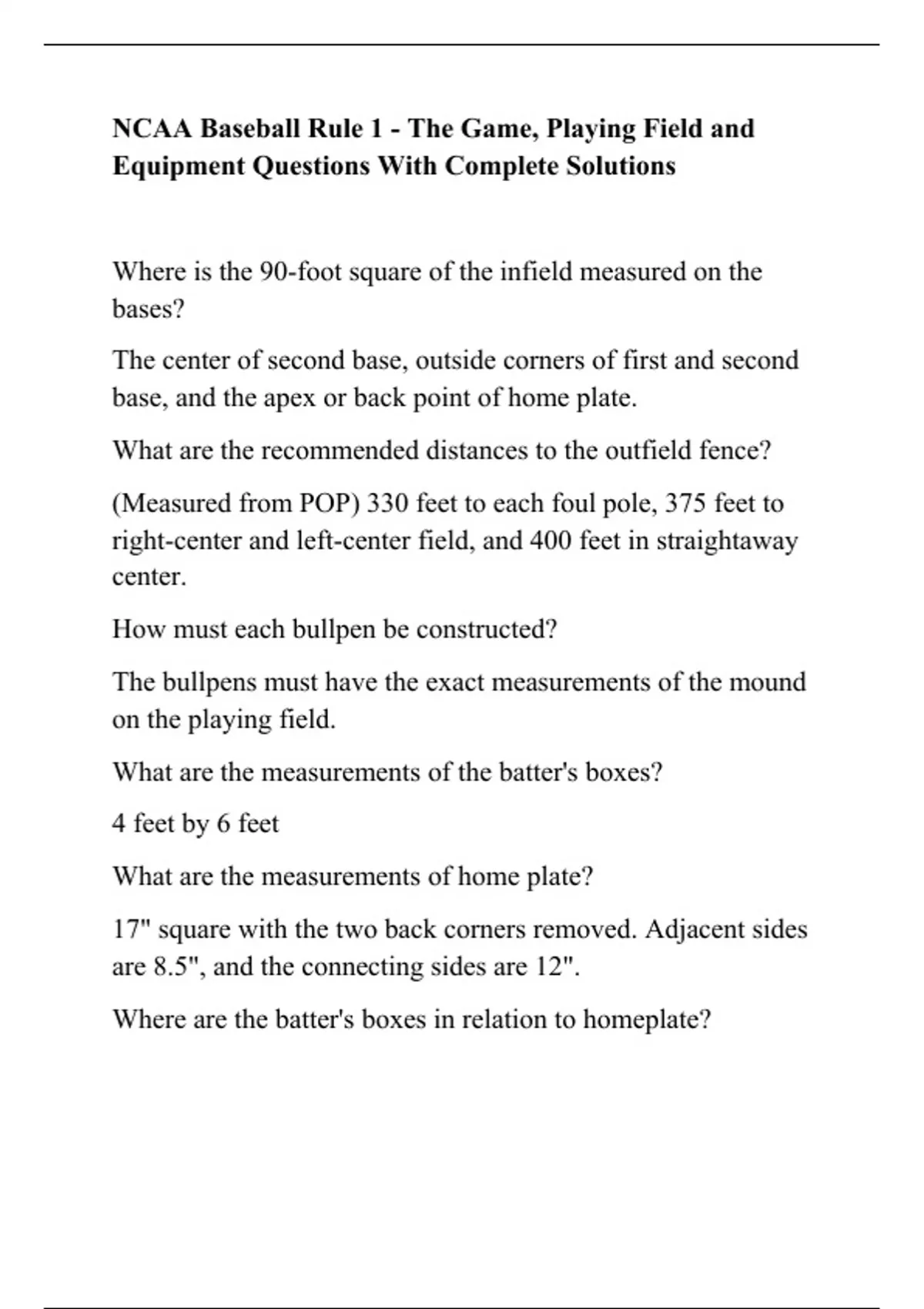 NCAA Baseball Rule 1 - The Game, Playing Field and Equipment Questions ...