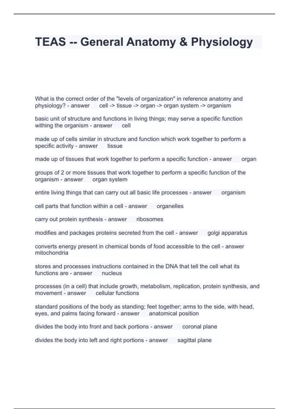 TEAS -- General Anatomy & Physiology Questions and Answers Graded A ...