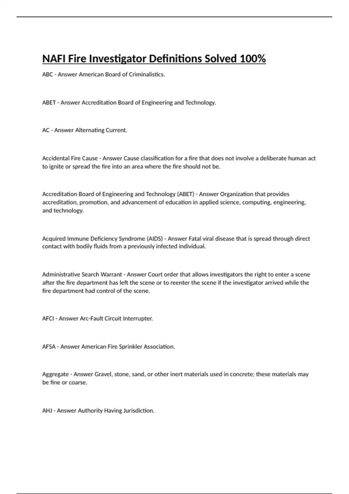 NAFI Fire Investigator Definitions Solved 100% - Nafi - Stuvia US