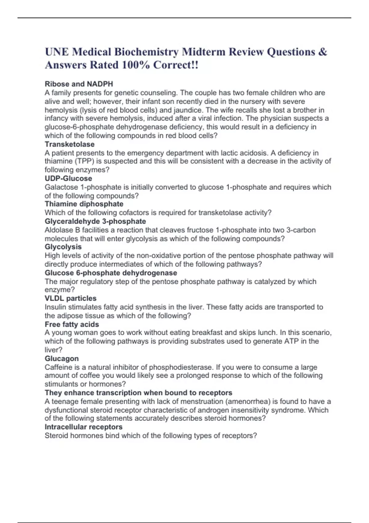 UNE Medical Biochemistry Midterm Review Questions & Answers Rated 100% ...