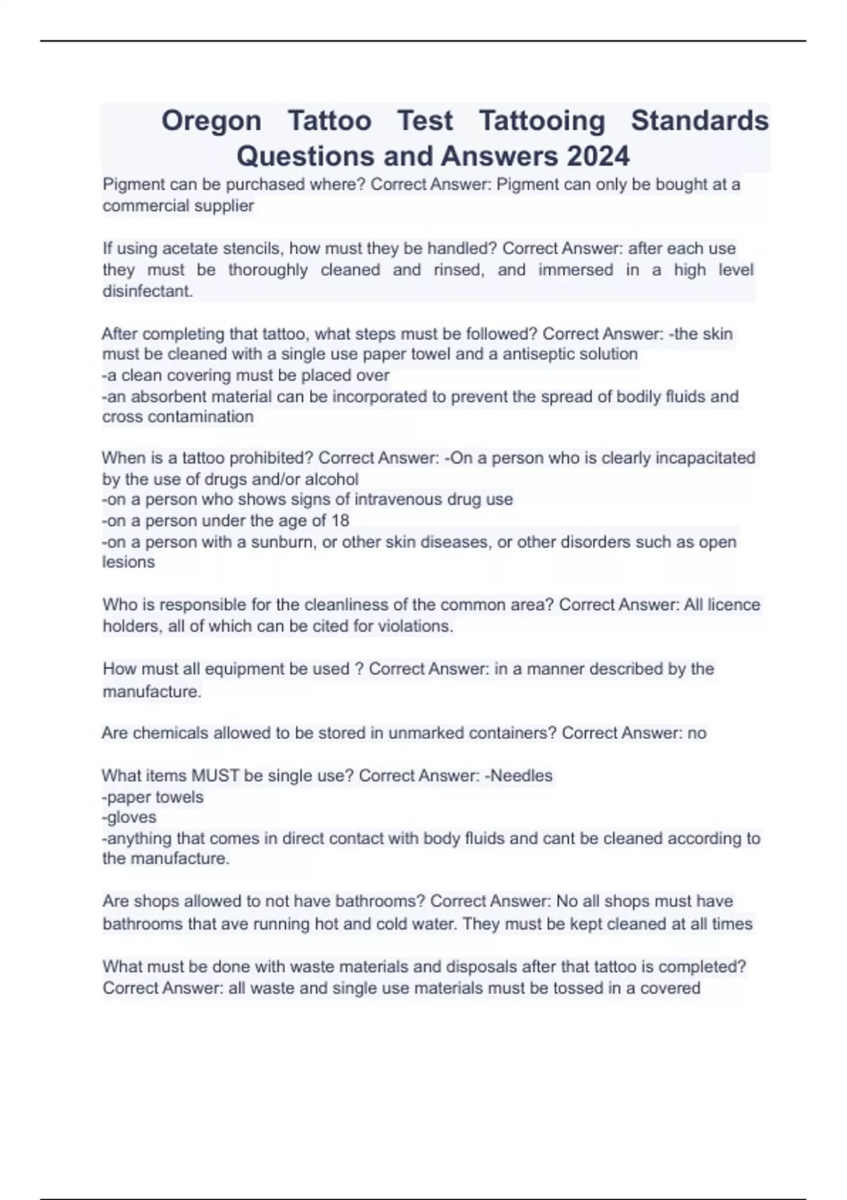 Oregon Tattoo Test Tattooing Standards Questions and Answers 2024 ...