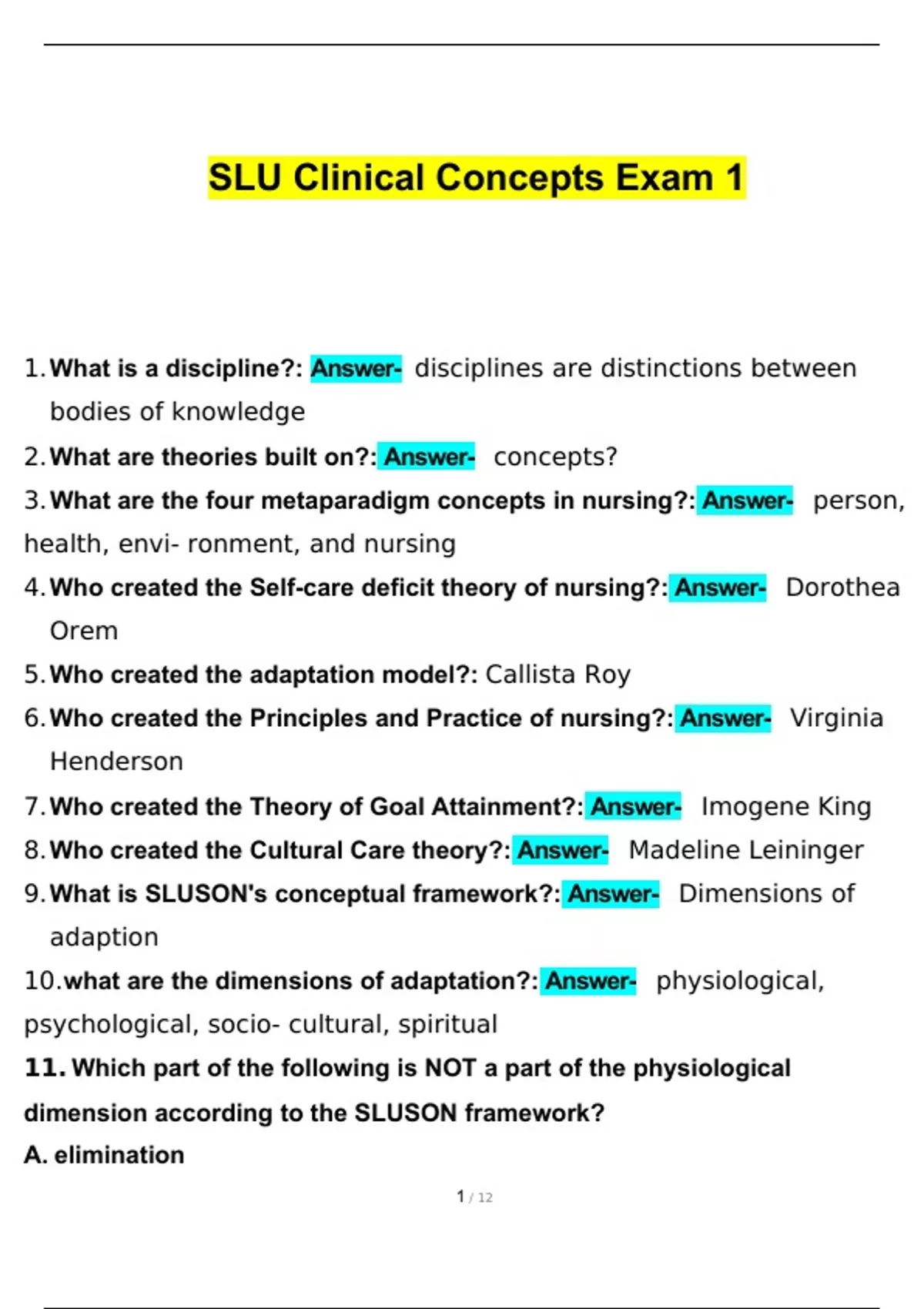 SLU Clinical Concepts Exam 1 Latest 2024 with complete solution ...