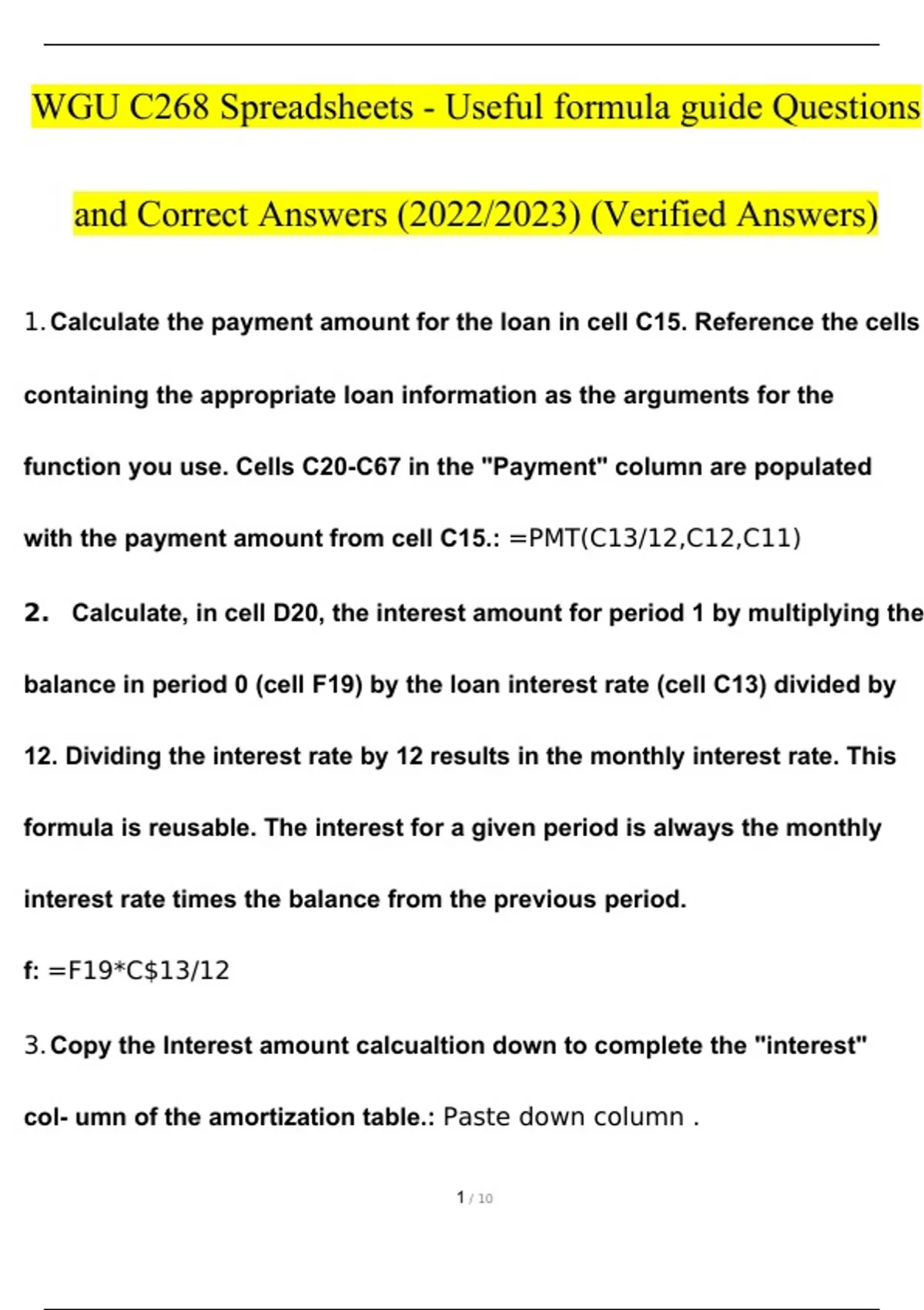 WGU C268 Spreadsheets - Useful formula guide Questions and Answers (2022/2023) (Verified Answers ...