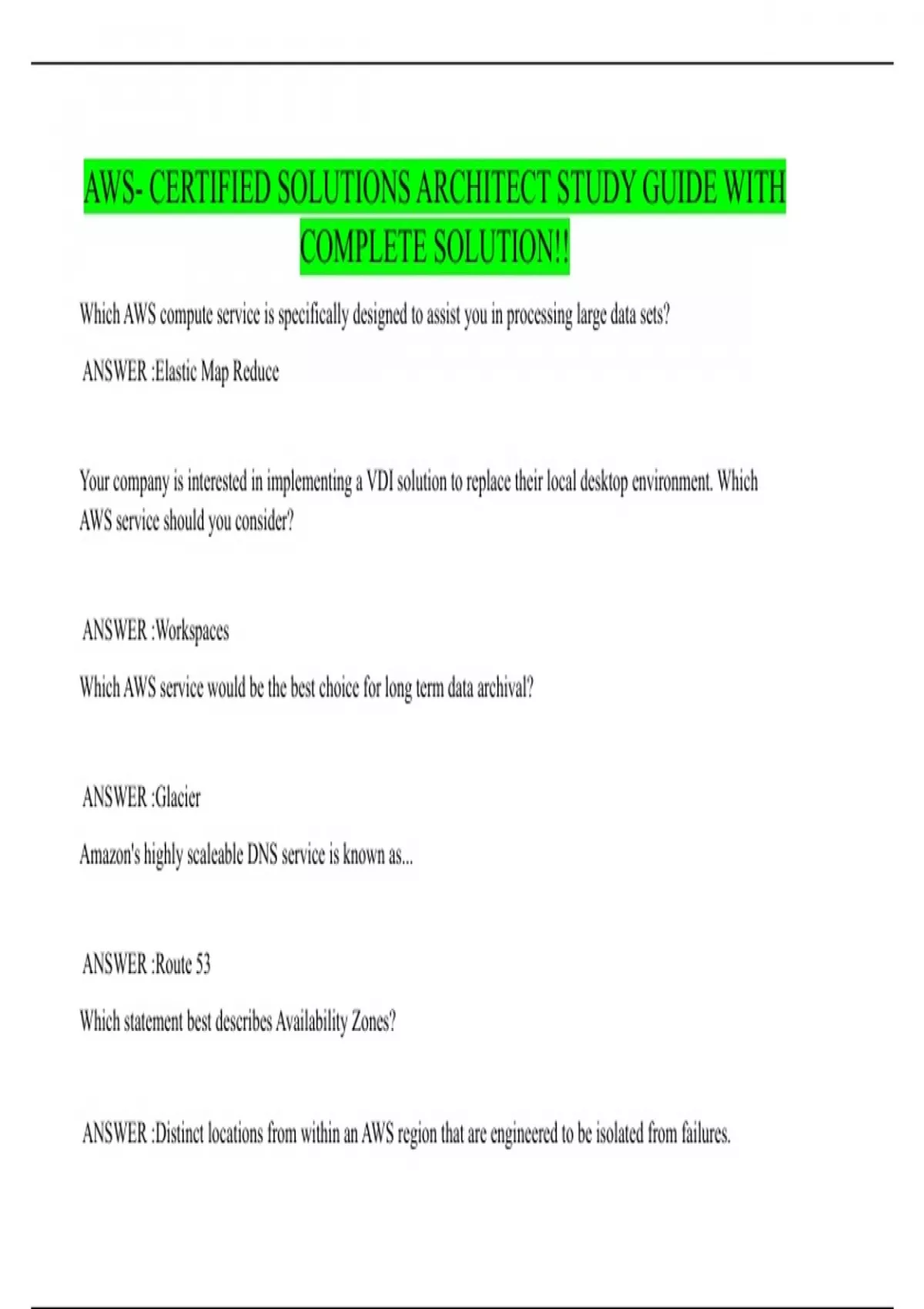 AWS- CERTIFIED SOLUTIONS ARCHITECT STUDY GUIDE WITH COMPLETE SOLUTION!! - AWS- CERTIFIED - Stuvia US