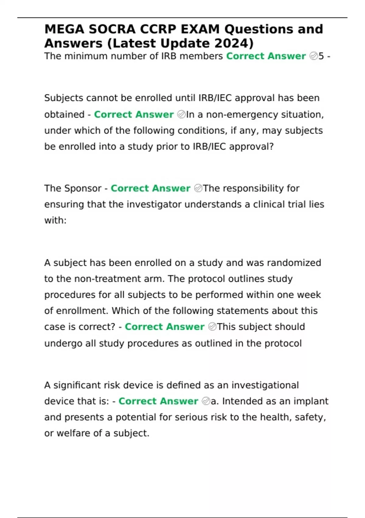 MEGA SOCRA CCRP EXAM Questions and Answers (Latest Update 2024) - MEGA ...