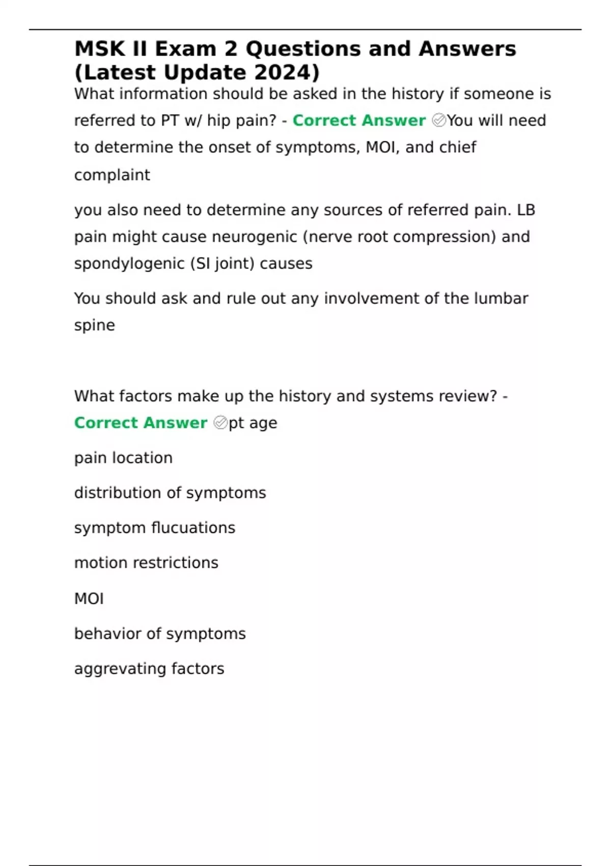 MSK II Exam 2 Questions and Answers (Latest Update 2024) - MSK II ...