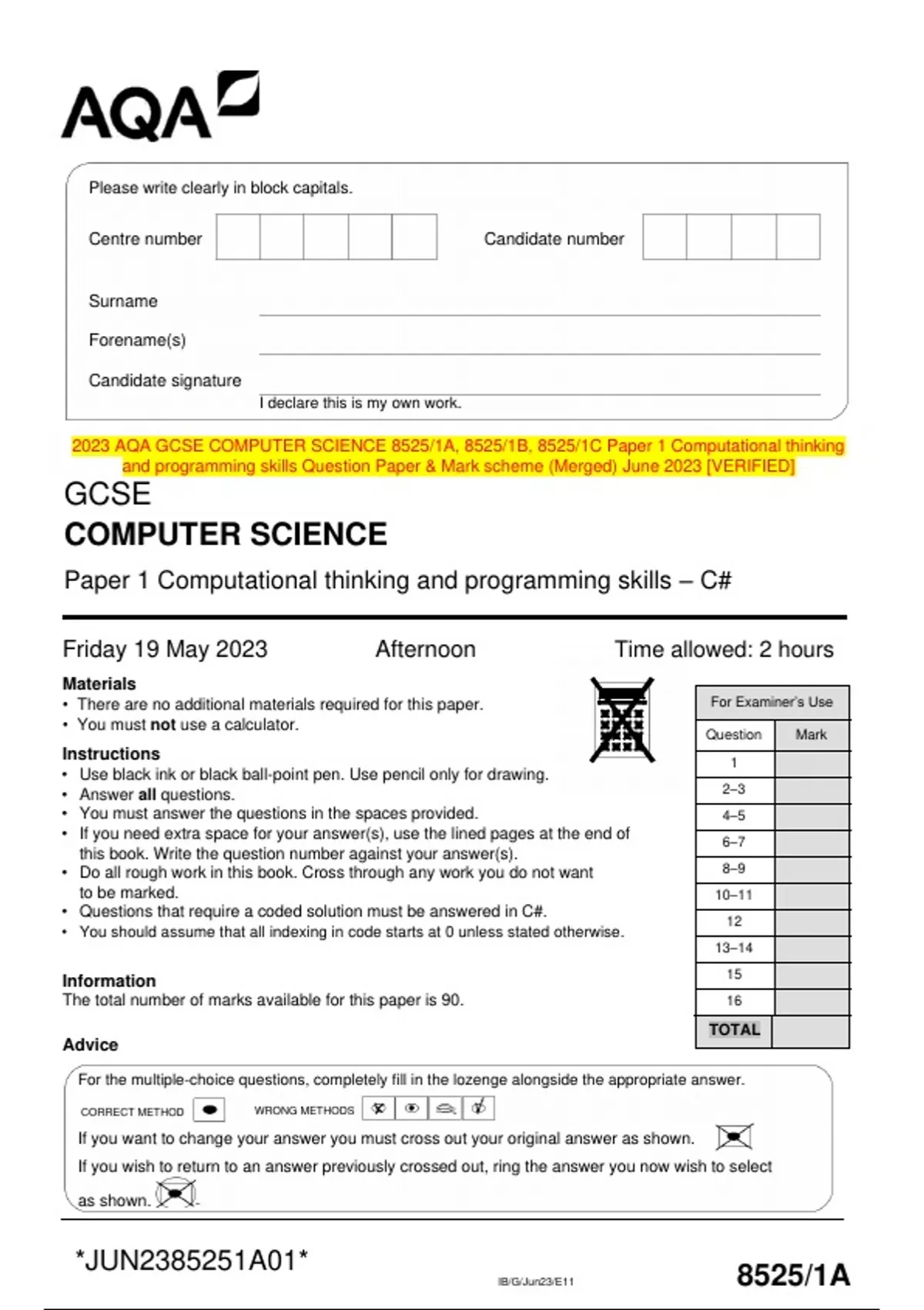 2023 AQA GCSE COMPUTER SCIENCE 8525/1A, 8525/1B, 8525/1C Paper 1 Computational thinking and ...