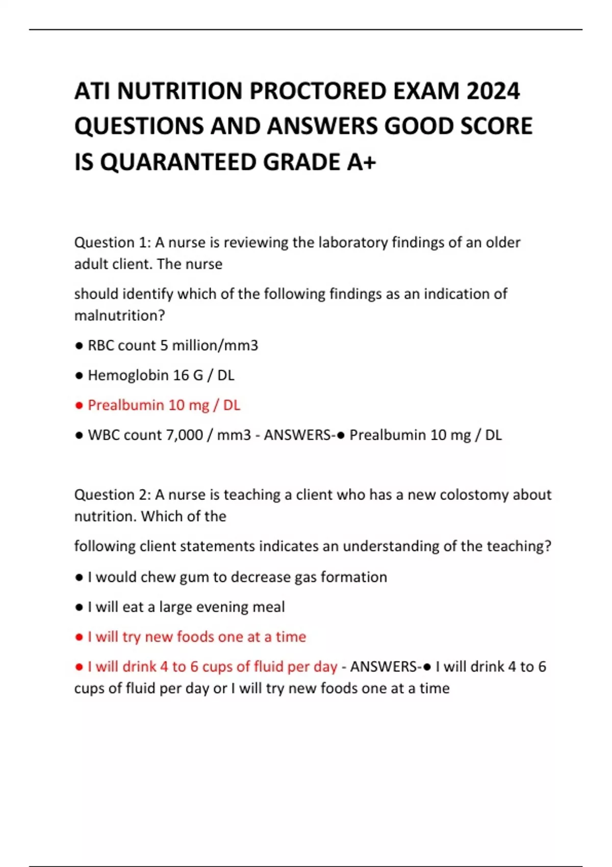 ATI NUTRITION PROCTORED EXAM 2024 QUESTIONS AND ANSWERS GOOD SCORE IS ...