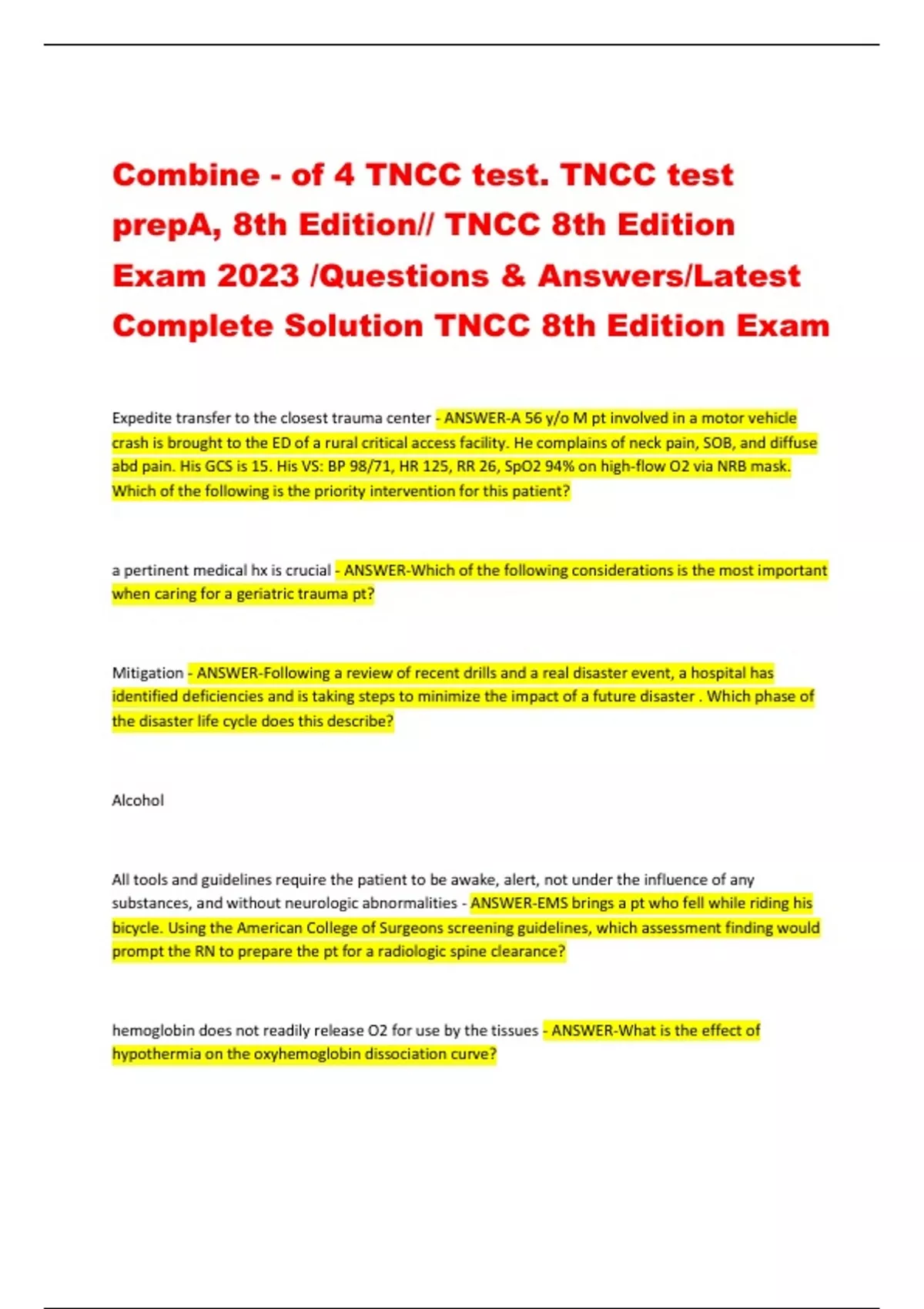 Combine - of 4 TNCC test. TNCC test prepA, 8th Edition// TNCC 8th ...