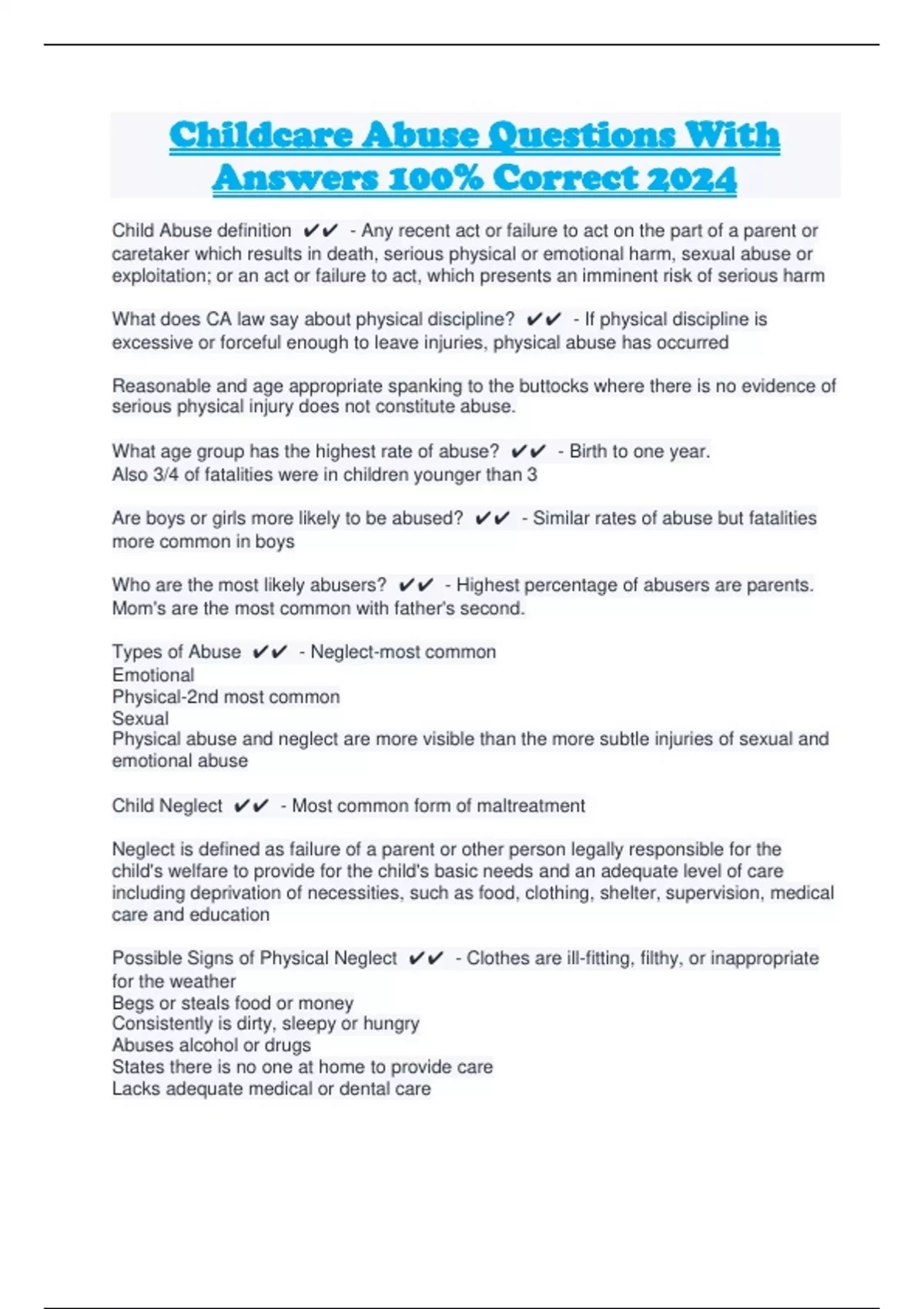 Childcare Abuse Questions With Answers 100% Correct 2024 - Childcare ...