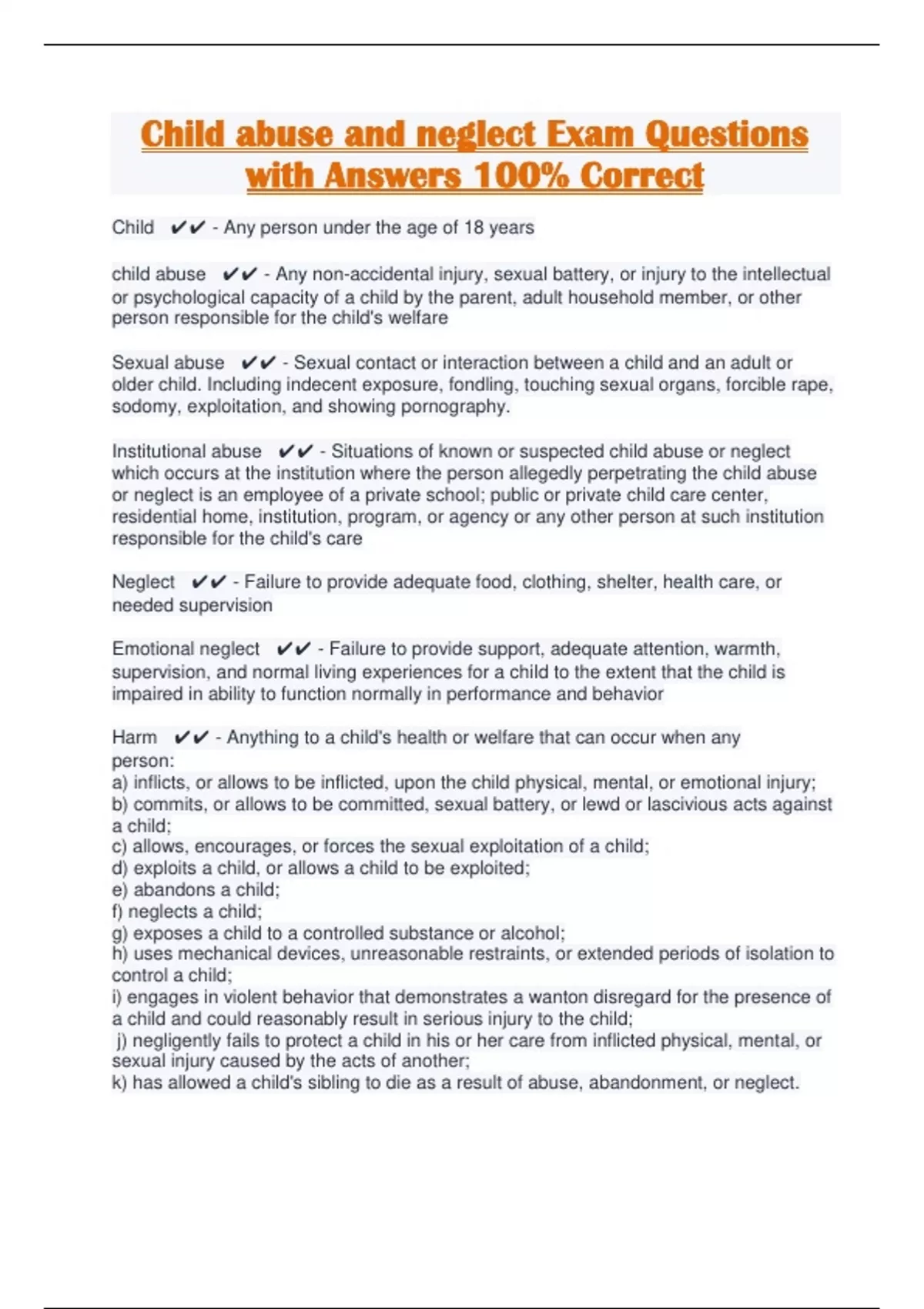 Child abuse and neglect Exam Questions with Answers 100% Correct - Child abuse - Stuvia US