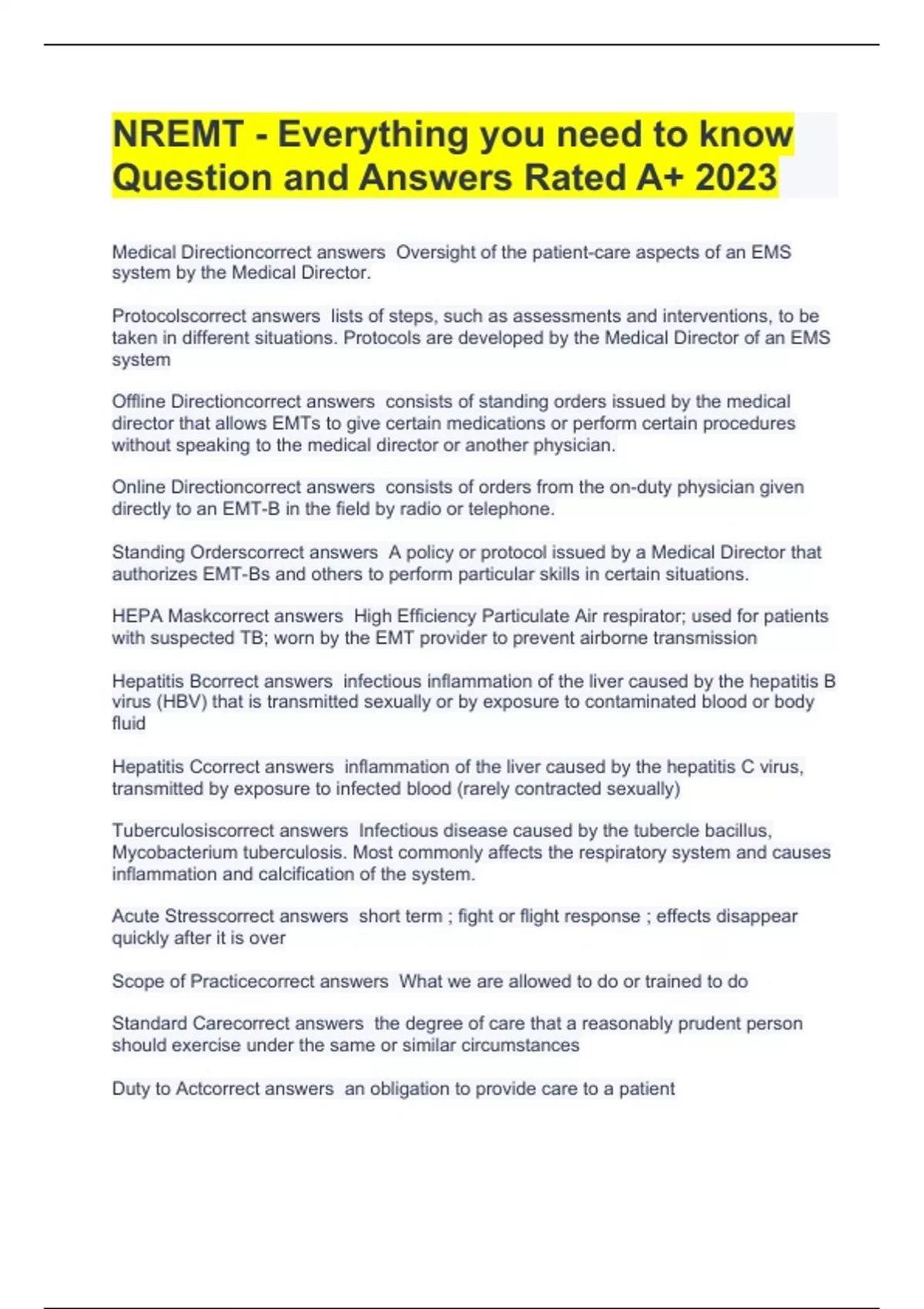 NREMT COMPULSARY QUESTIONS AND REAL CORRECT ANSWERS 2023/2024 - NREMT ...