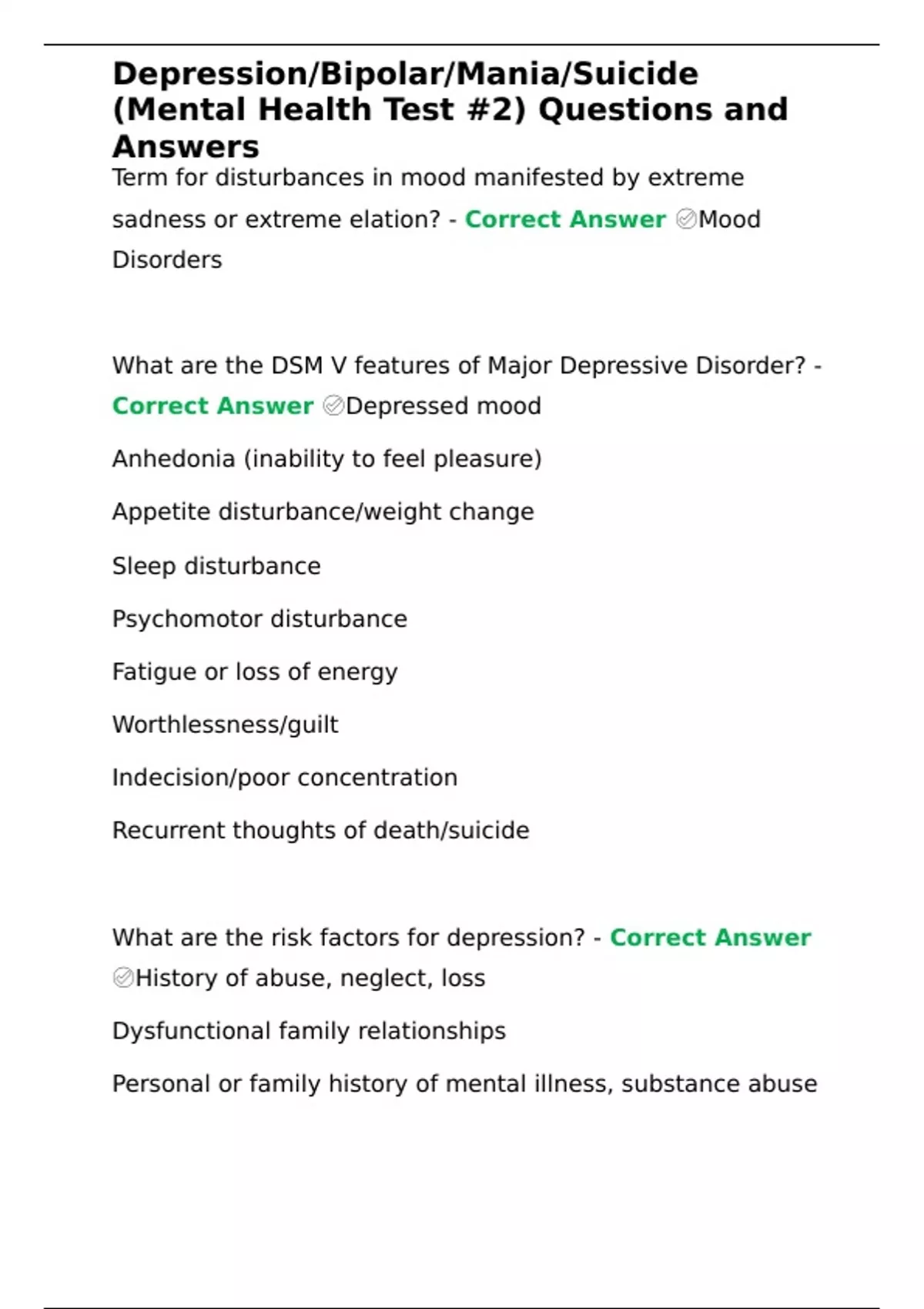 Depression/Bipolar/Mania/Suicide (Mental Health Test #2) Questions and ...