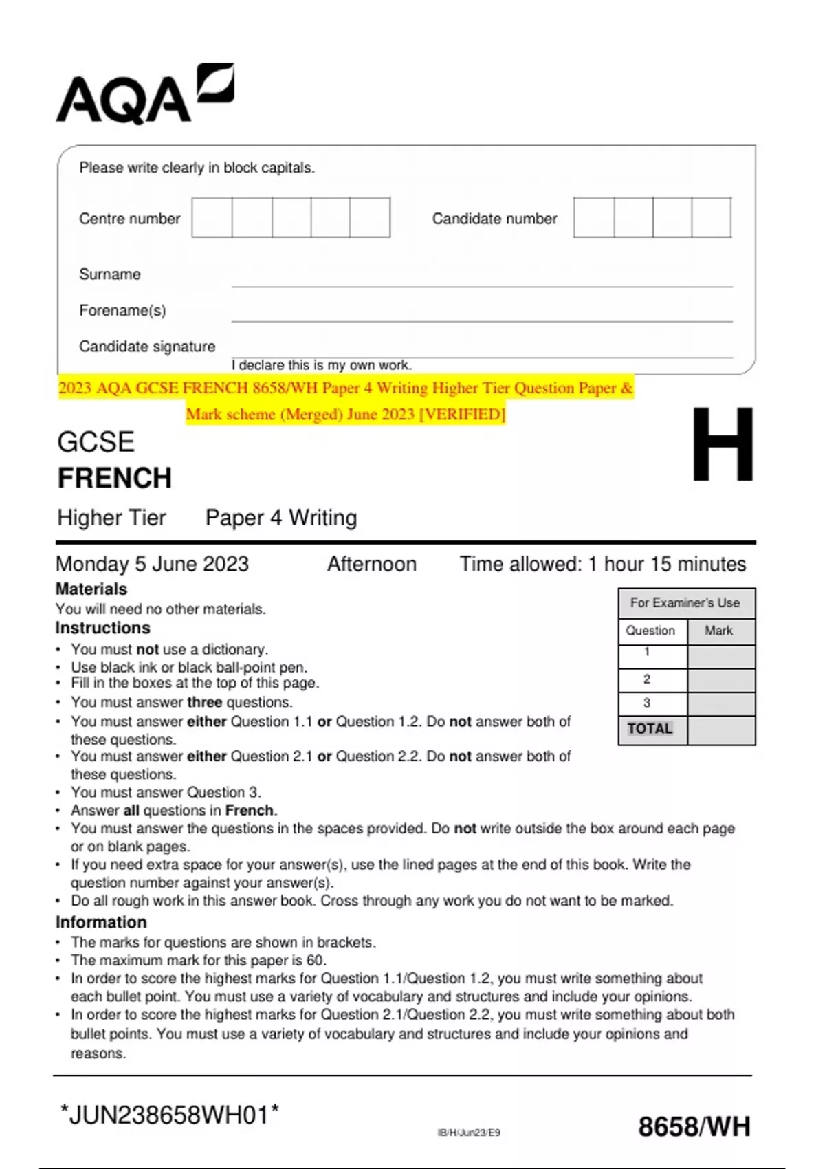 2023 AQA GCSE FRENCH 8658/WH Paper 4 Writing Higher Tier Question Paper ...