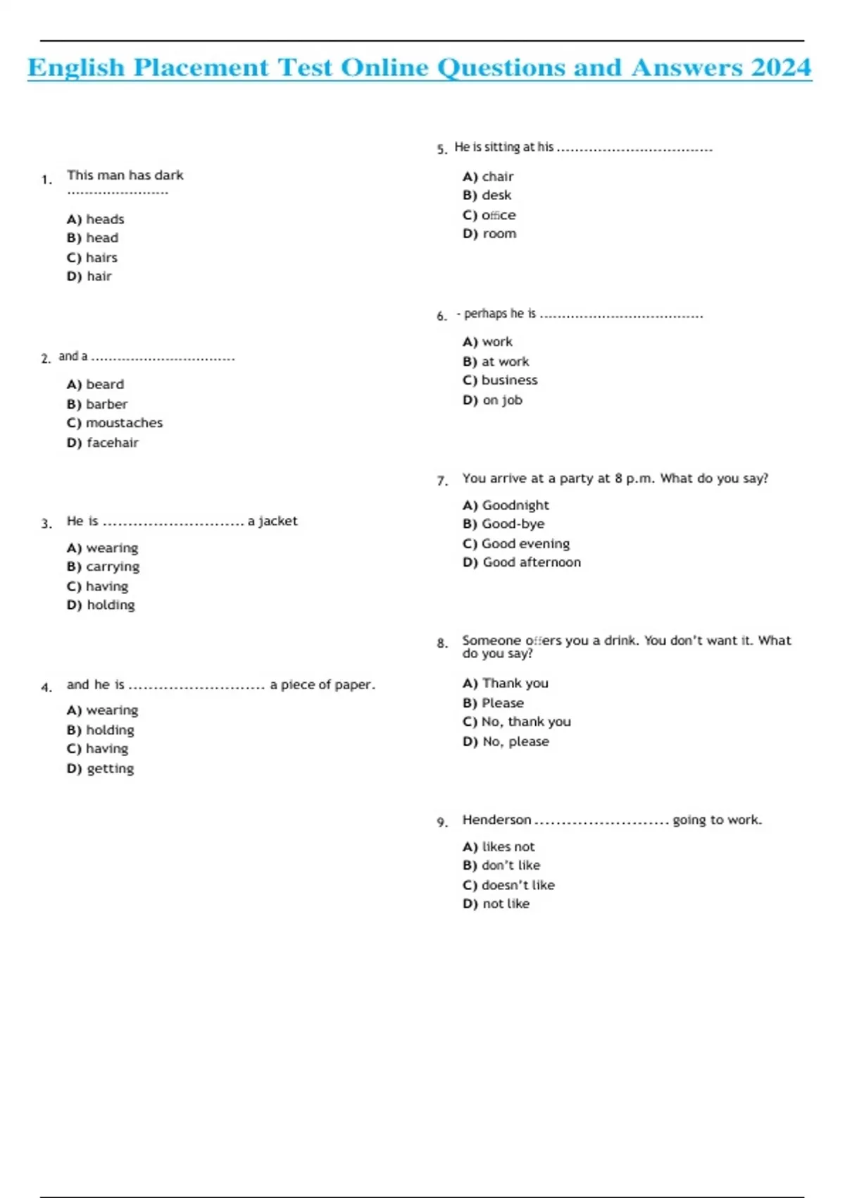 English Placement Test Online Questions and Answers 2024. - Oxford ...