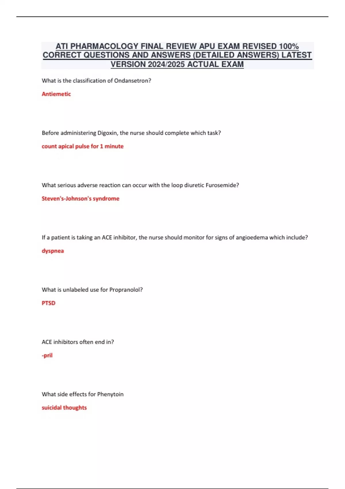 ATI PHARMACOLOGY FINAL REVIEW APU EXAM REVISED 100% CORRECT QUESTIONS AND ANSWERS (DETAILED ...