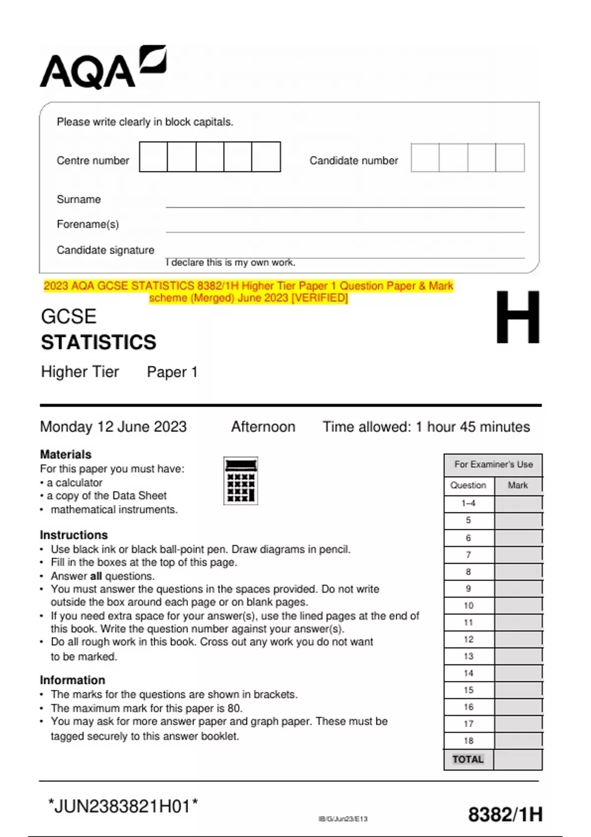2023 AQA GCSE STATISTICS 8382/1H Higher Tier Paper 1 Question Paper ...