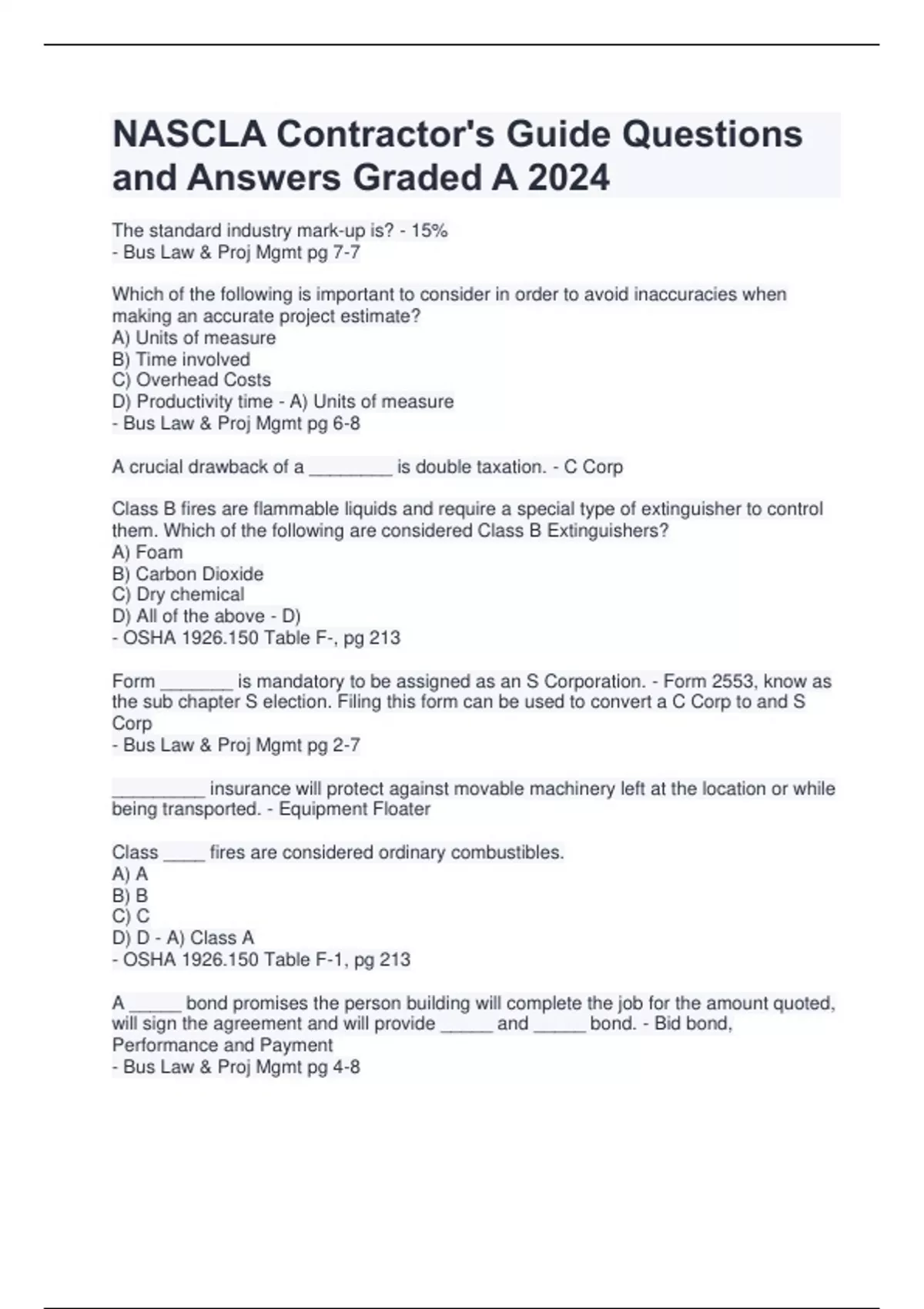 NASCLA Contractor's Guide Questions and Answers Graded A 2024 - NASCLA ...