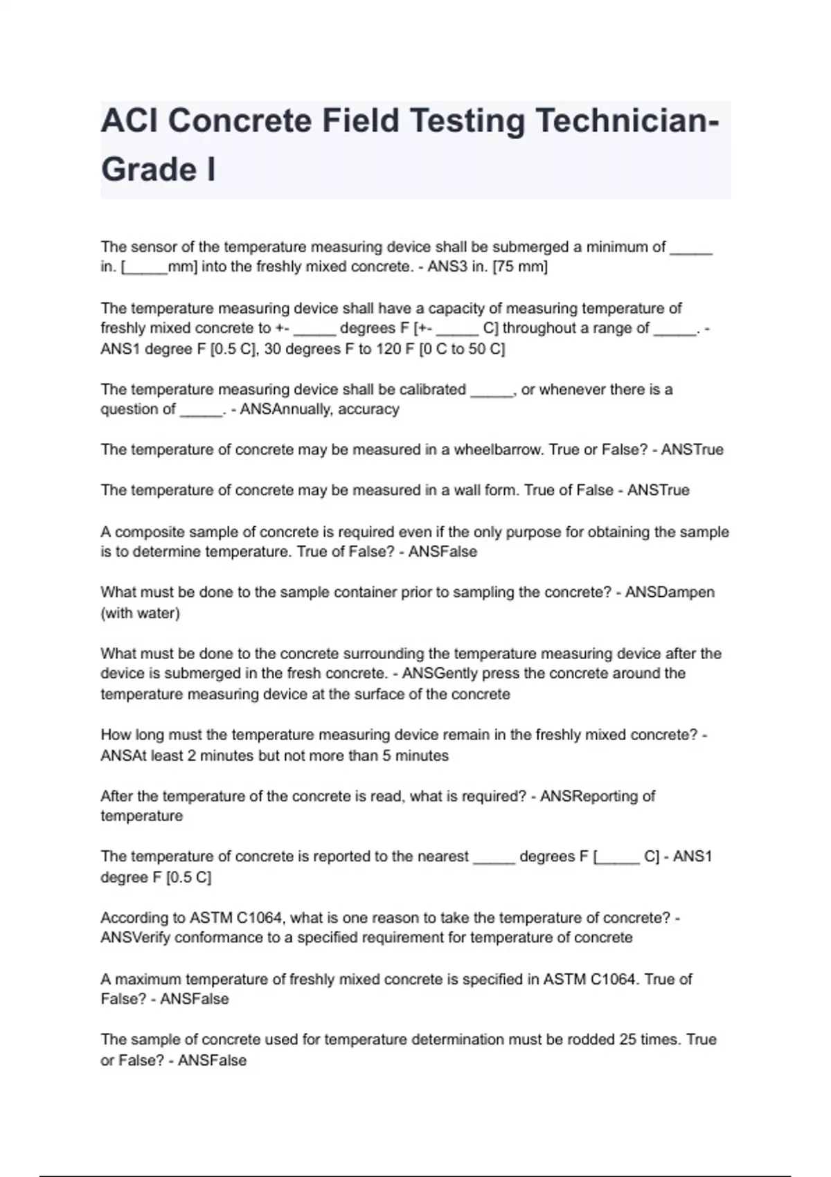 ACI Concrete Field Testing Technician- Grade I 2024/2025 graded A+ by ...