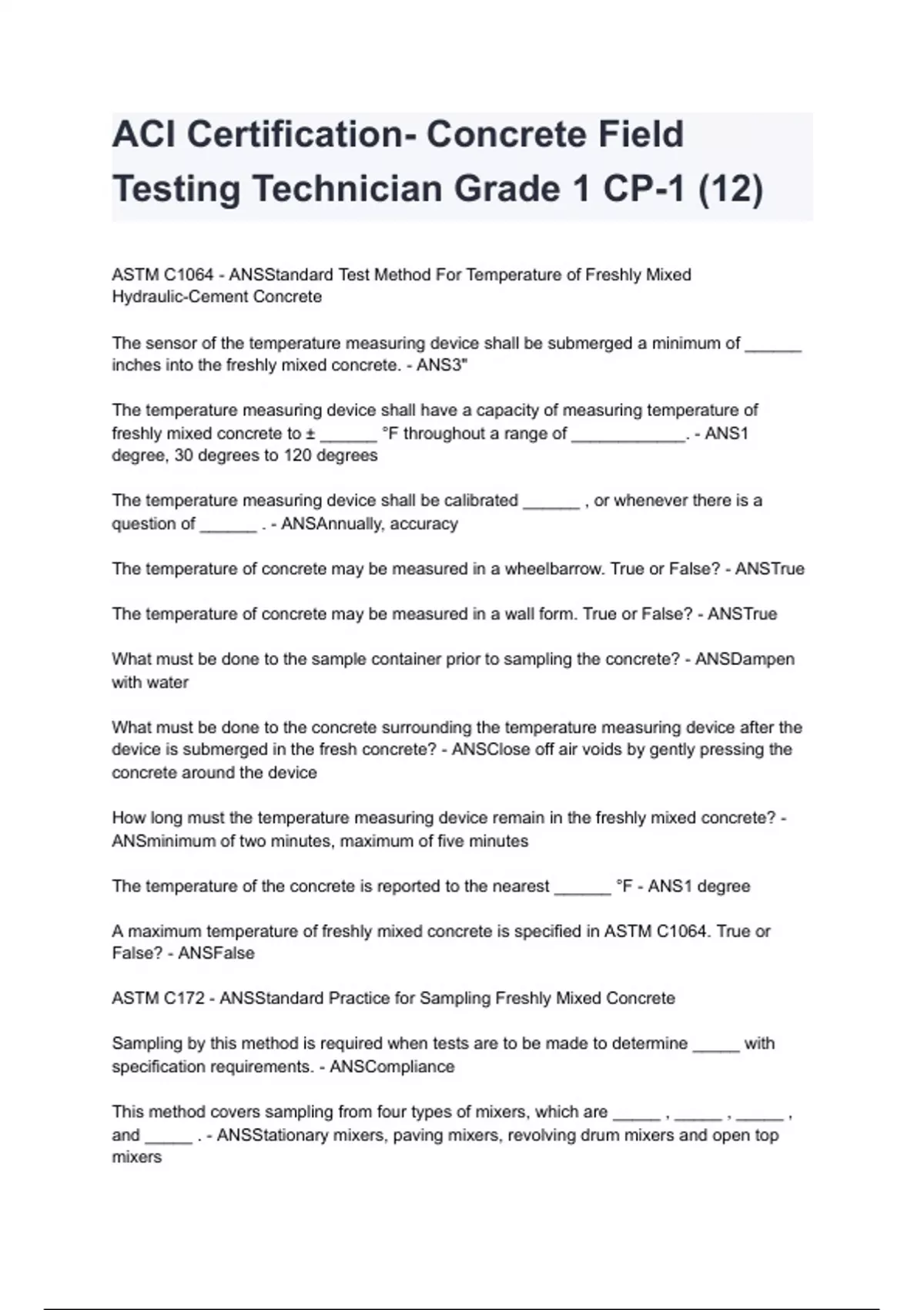 ACI Certification- Concrete Field Testing Technician Grade 1 CP-1 (12 ...